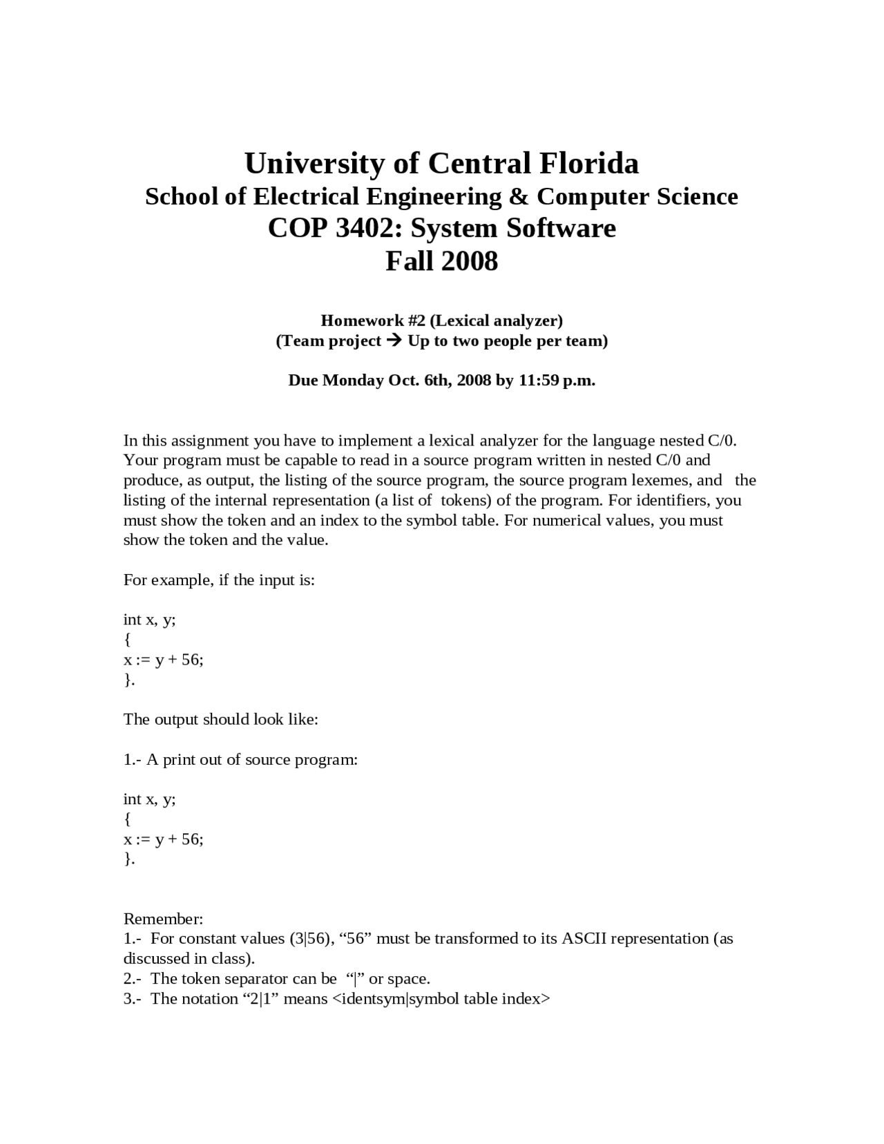 Lexical Analyzer - Homework 2 | Systems Software | COP 3402 - Docsity