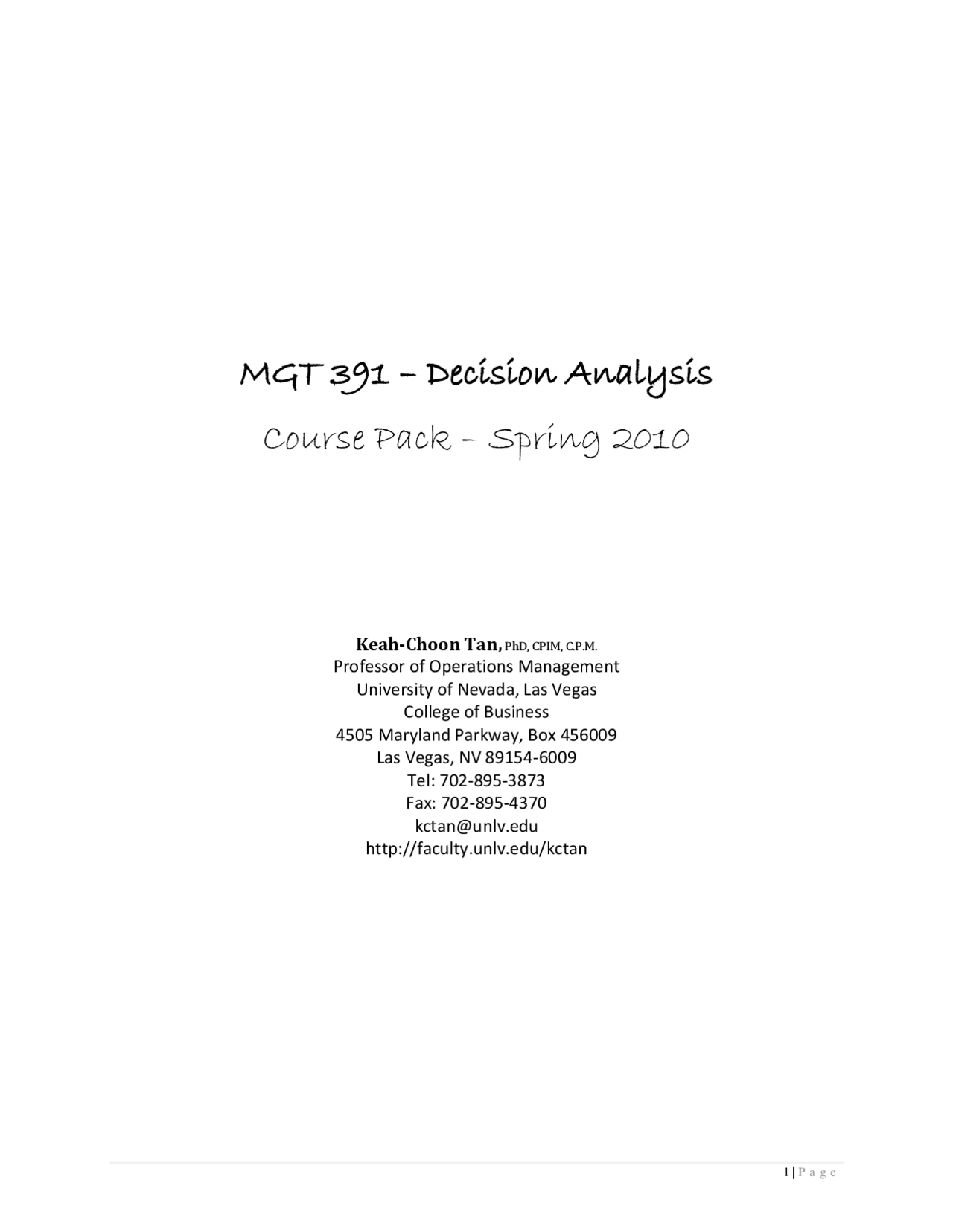 Introduction To Decision Analysis Lecture Notes Mgt 391 Docsity