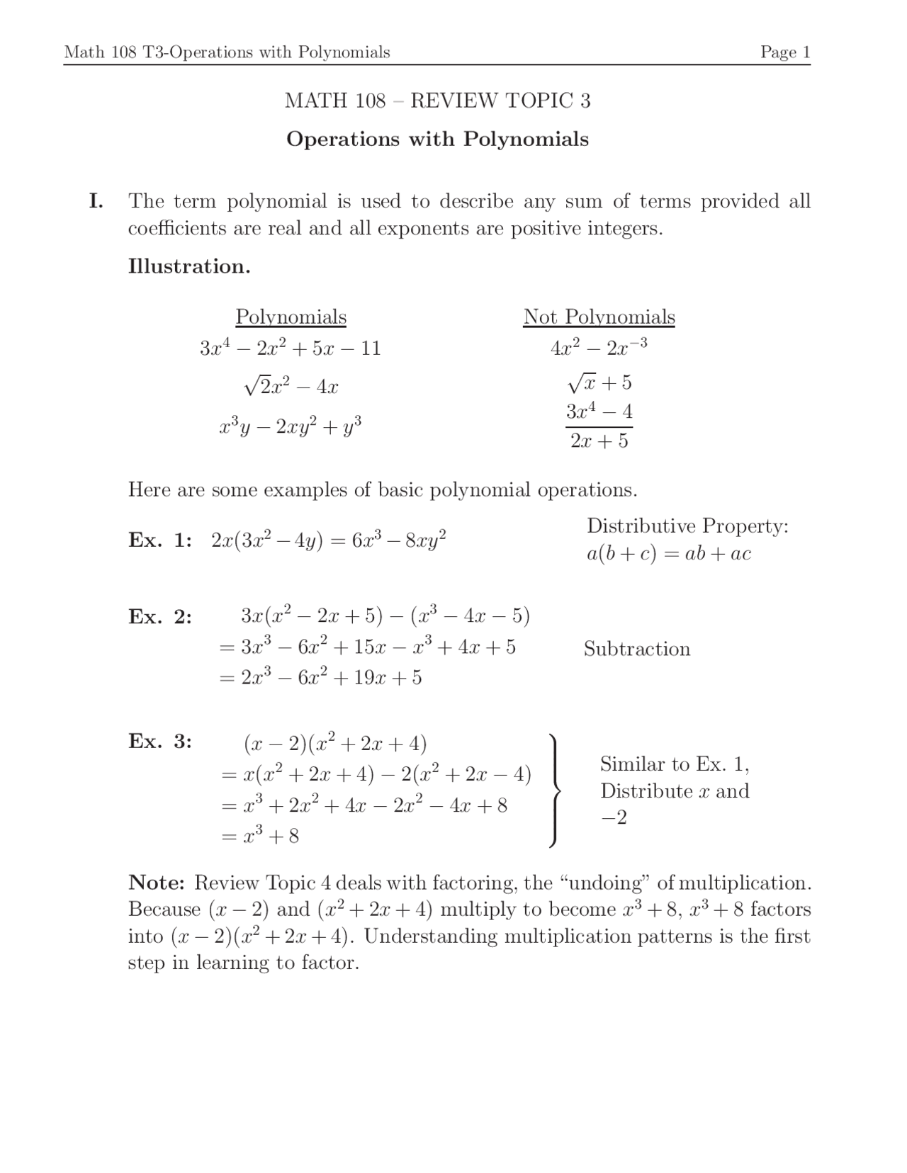 Review Sheet for Operations with Polynomials | MATH 108 - Docsity