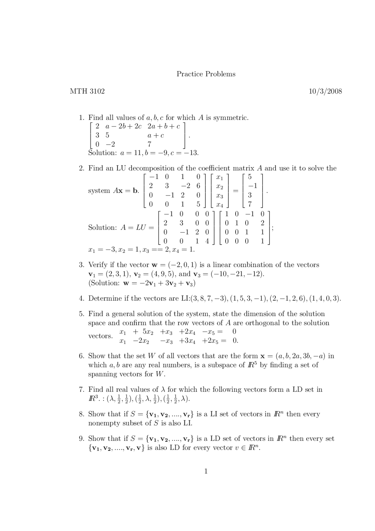 Practice Problems Introduction To Linear Algebra Mth 3102 Docsity