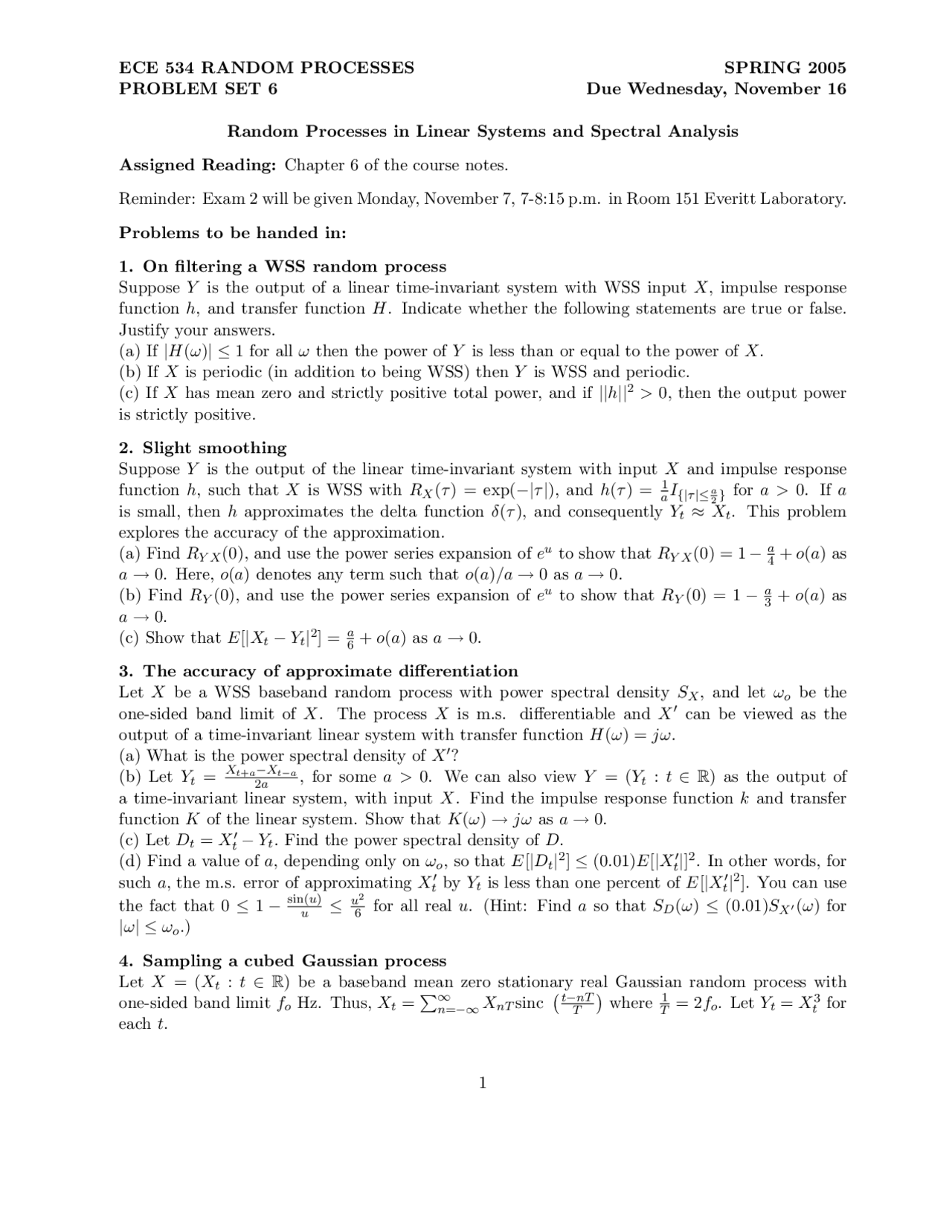 ECE 534 Random Processes Problem Set 6 - Spring 2005 | Assignments Electrical and Electronics ...