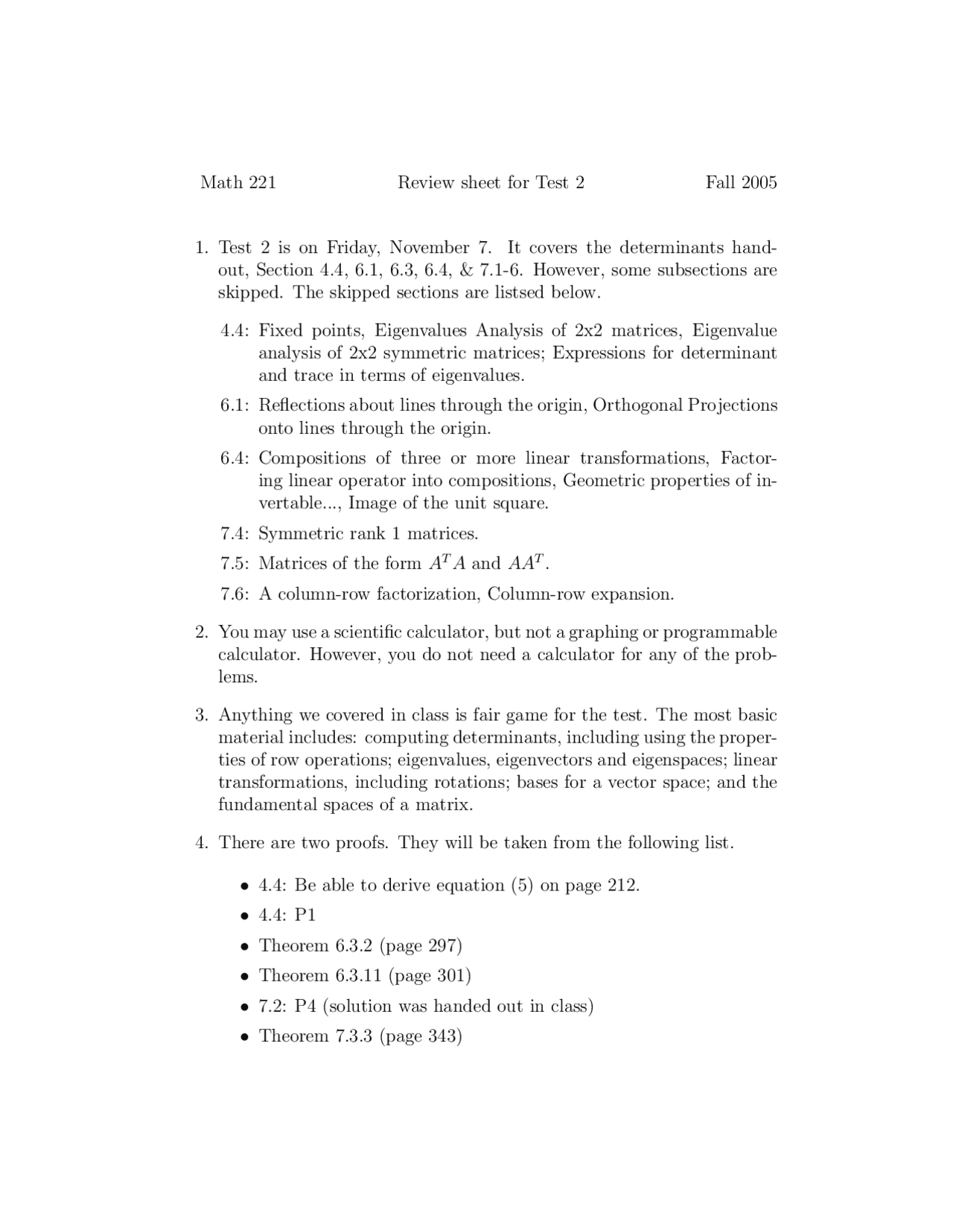 Math 221: Review Sheet for Test 2 - Fall 2005 | Exams Linear Algebra ...