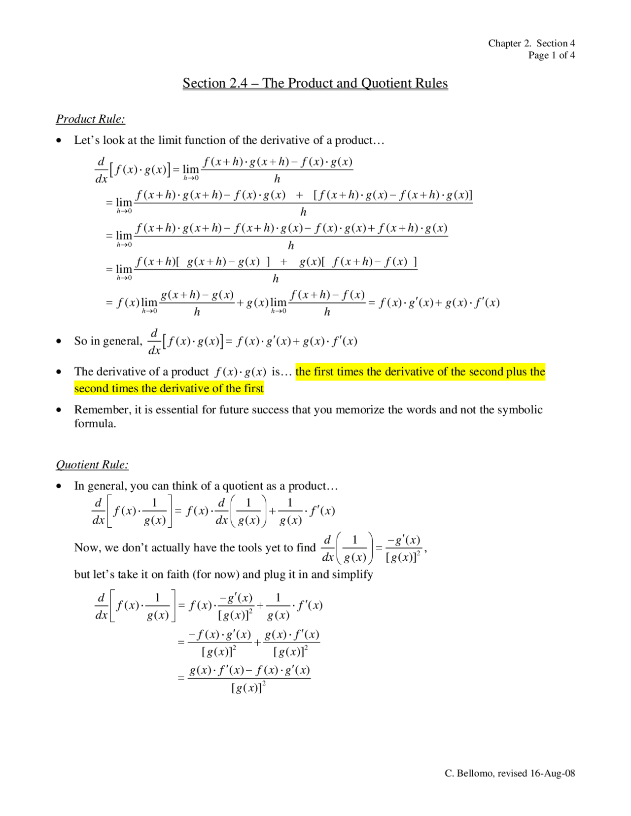 The Product And Quotient Rules Lecture Notes Math 181 Docsity