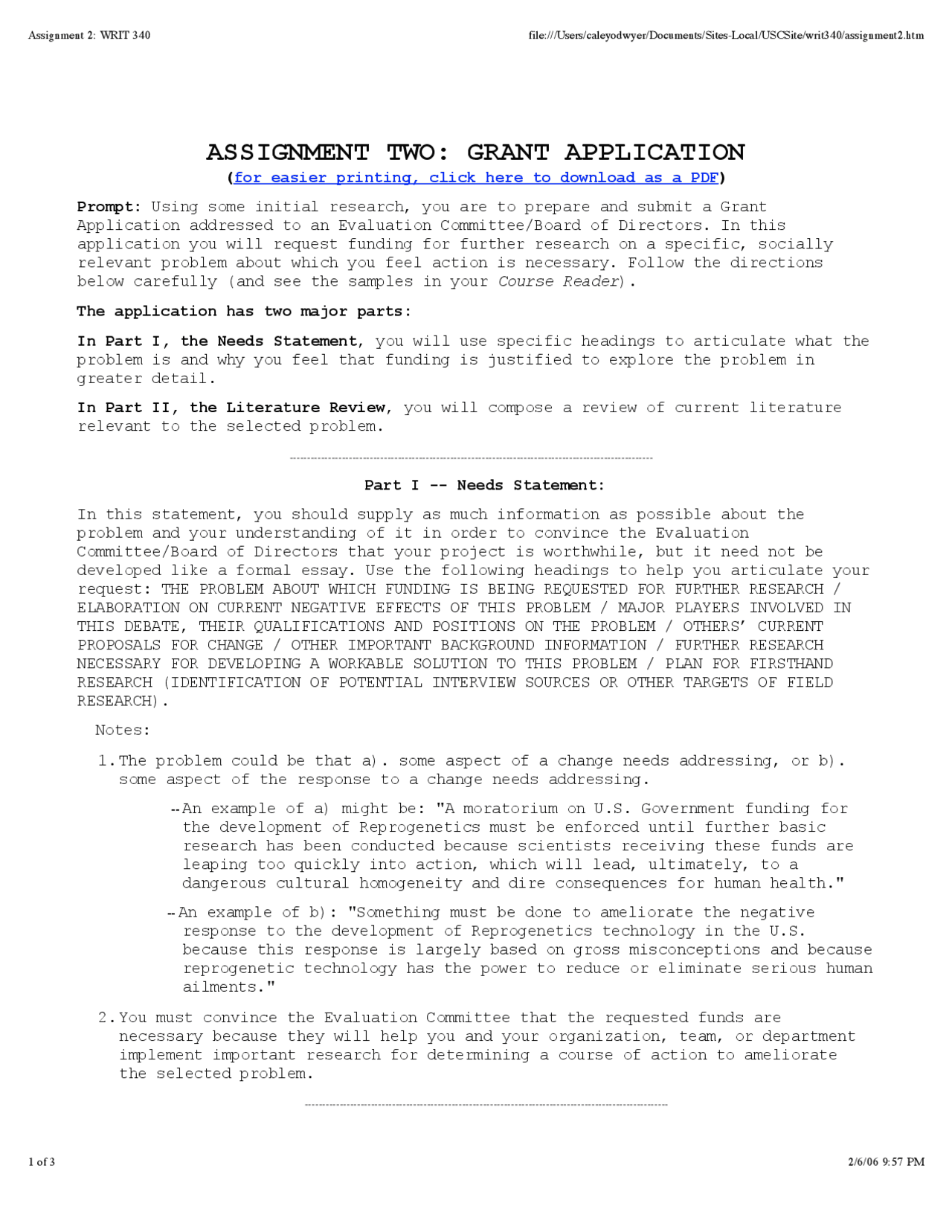Solved Problems on Grant Application of Sources - Assignment 2 | WRIT 340 - Docsity