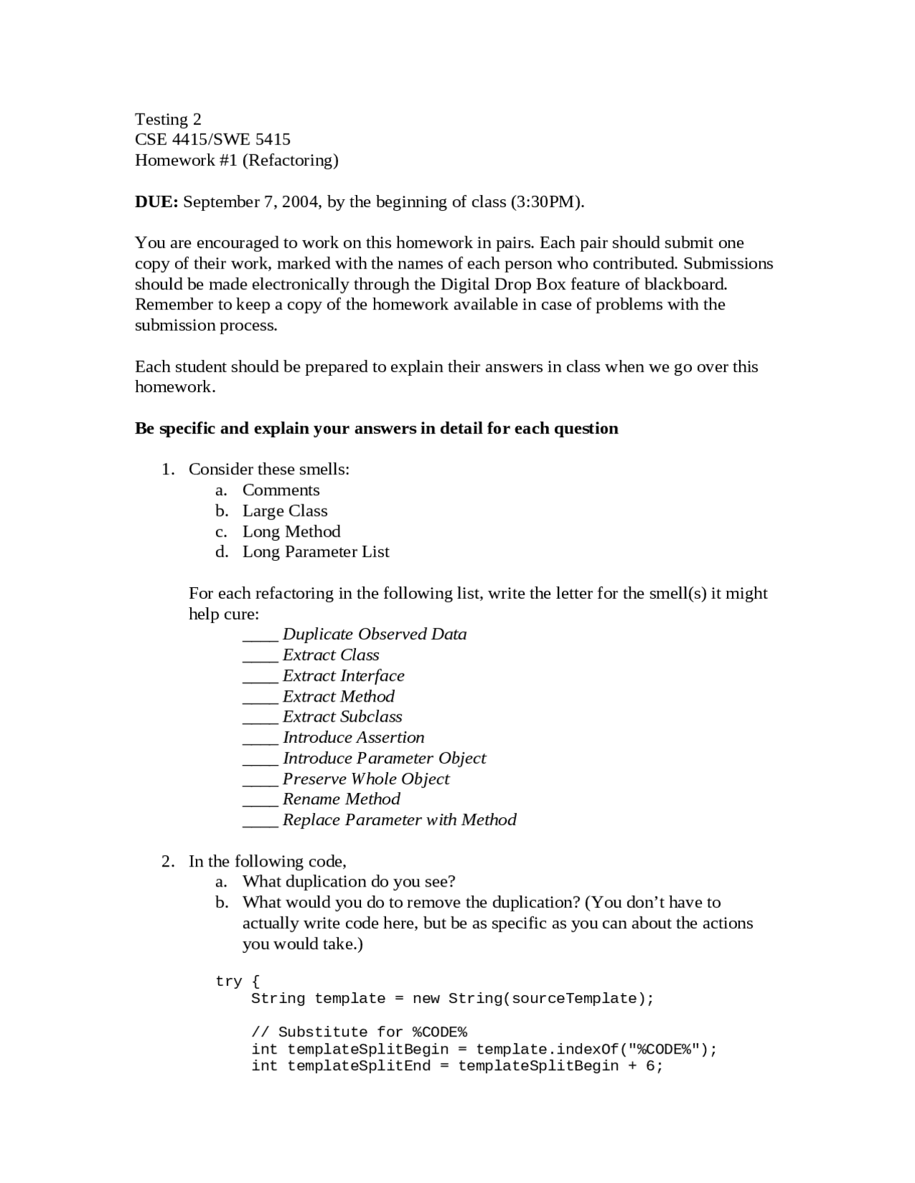 Homework 1 For Refactoring Software Testing 2 Cse 4415 Docsity
