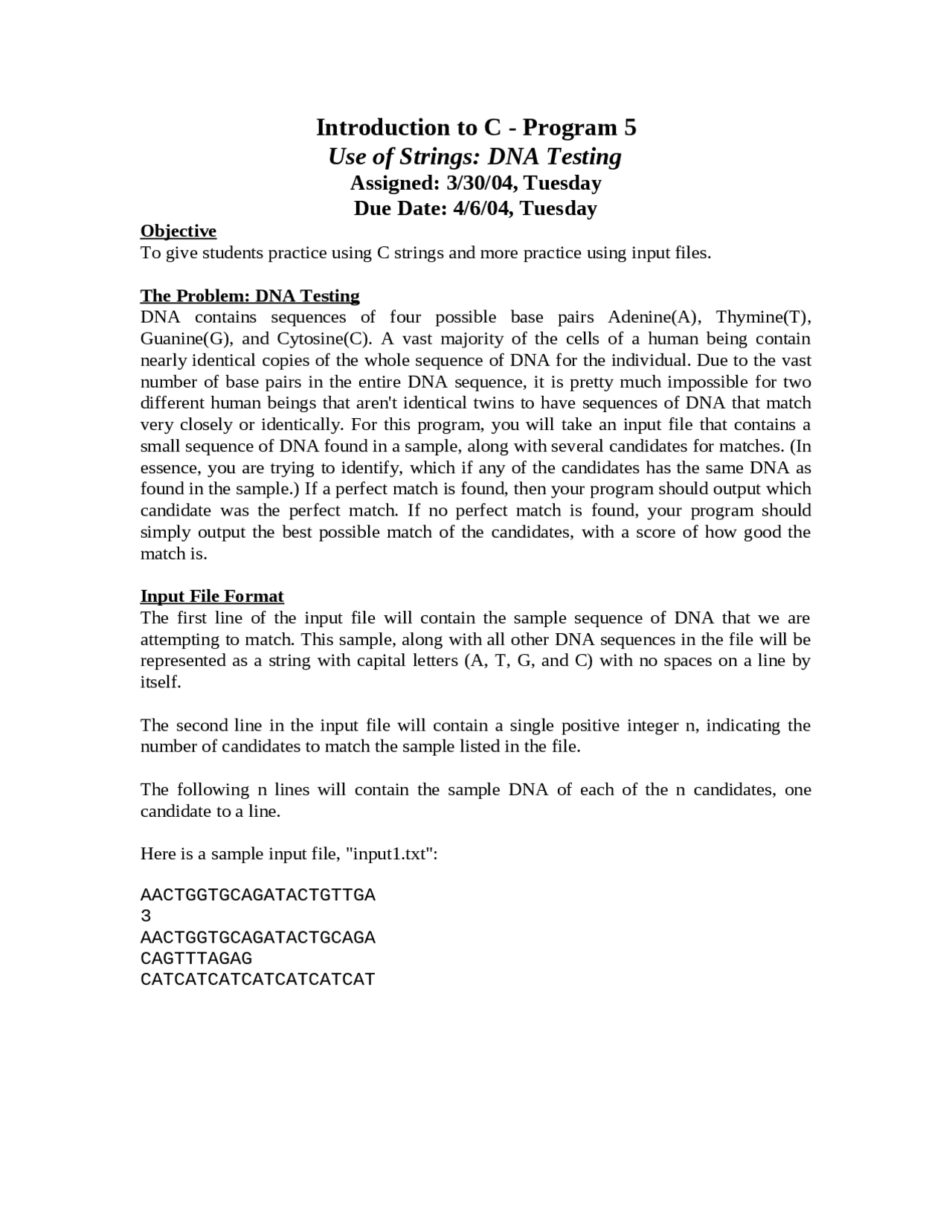 Dna Testing Introduction To Programming With C Handout Cop 3223 Docsity