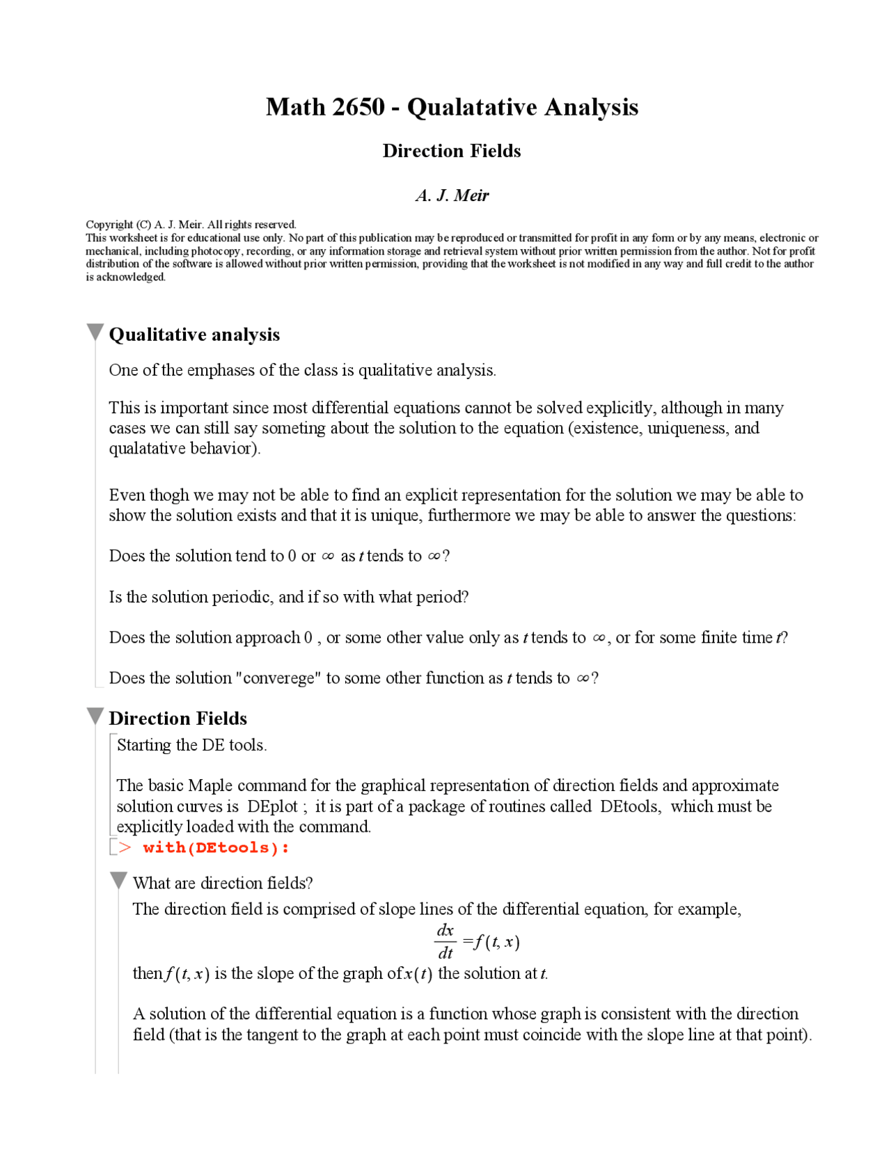 Qualitative Analysis Linear Differential Equations Math 2650 Docsity