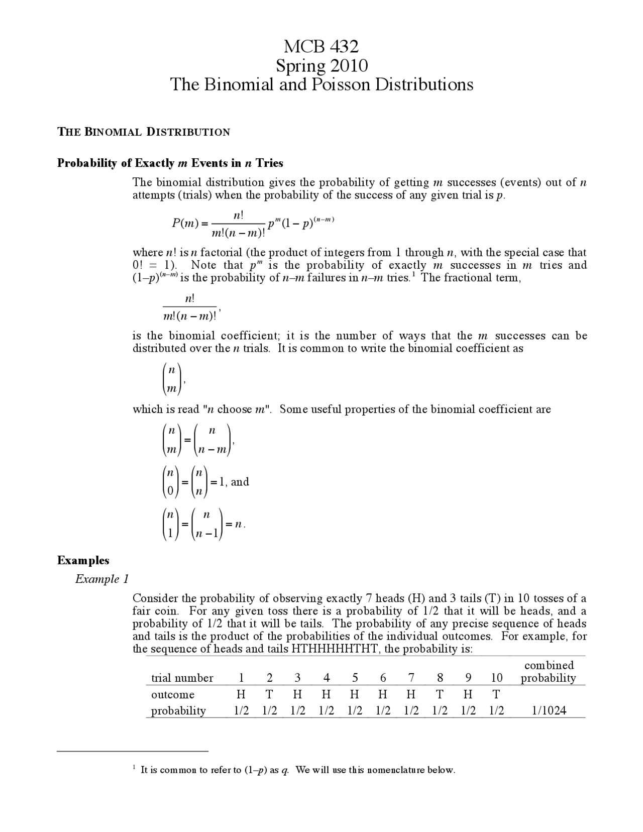 The Binomial And Poisson Distributions Lecture Notes Mcb 432 Docsity