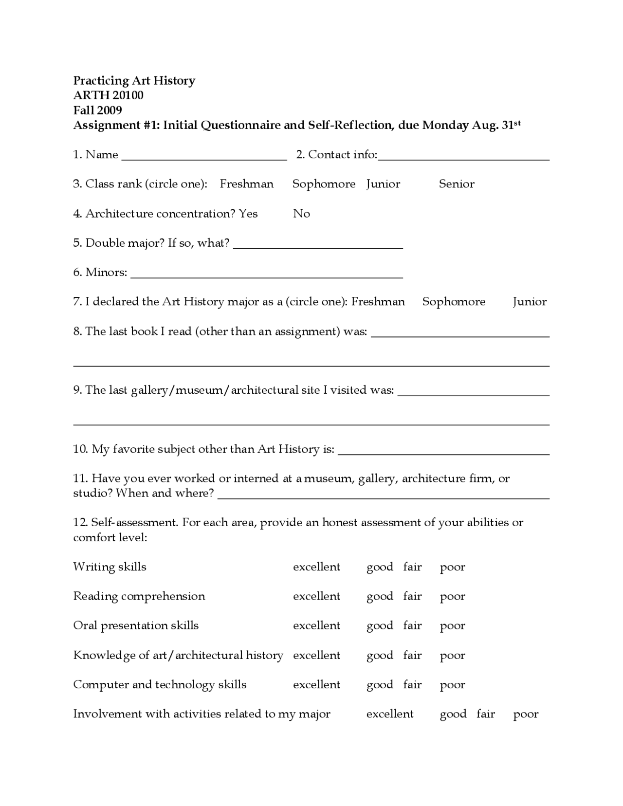 Initial Questionnaire and Self Reflection - Assignment 1 | ARTH 20100 ...