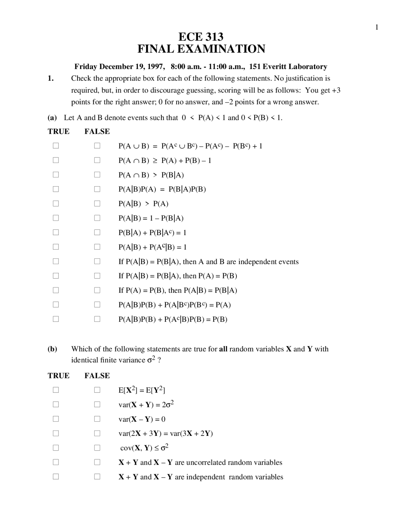Final Examination - Probability with Engineering Application - 1997 | ECE 313 - Docsity