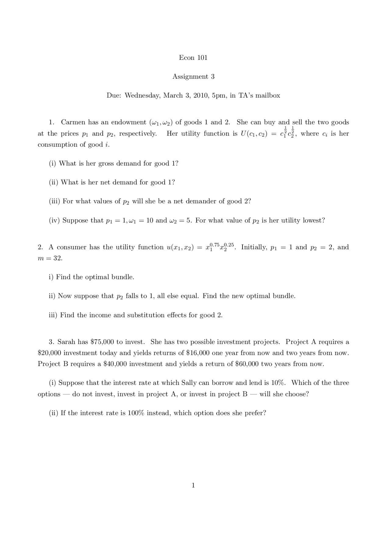 Assignment 3 For Microeconomic Theory Econ 101 Assignments