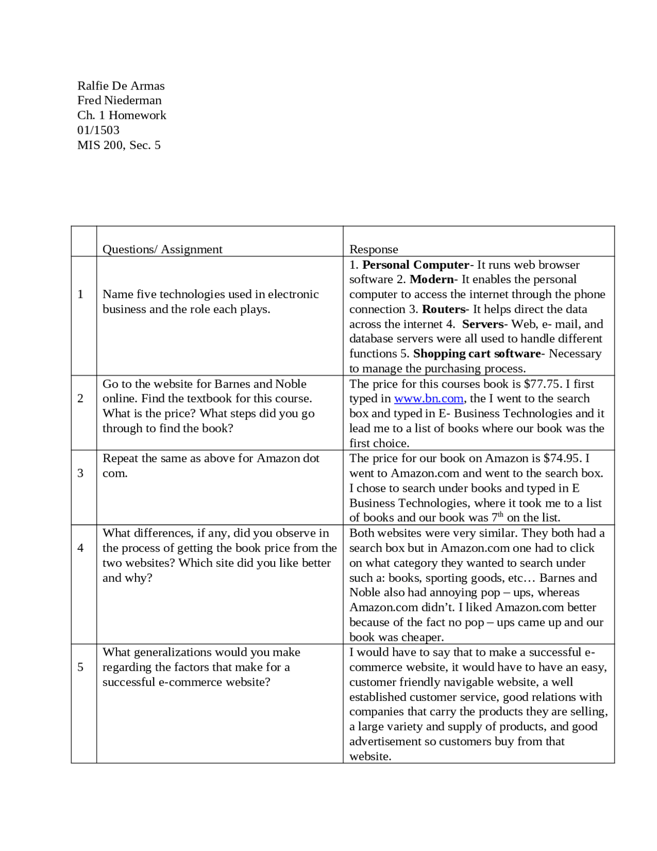 Homework 1: Response - Management of Information Systems | MIS 200 ...