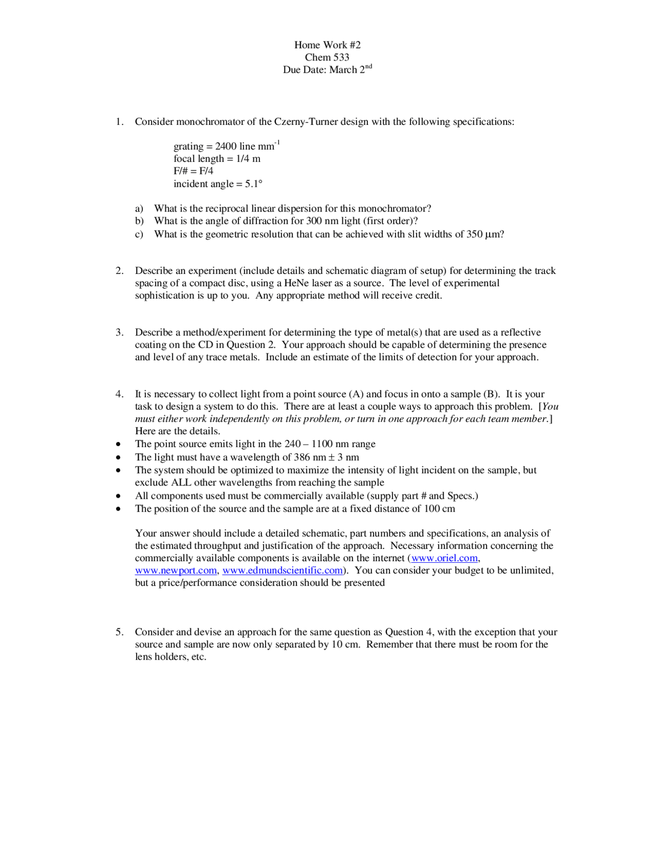 5 Problems On The Analytical Spectroscopy Homework 2 Chem 533 Docsity