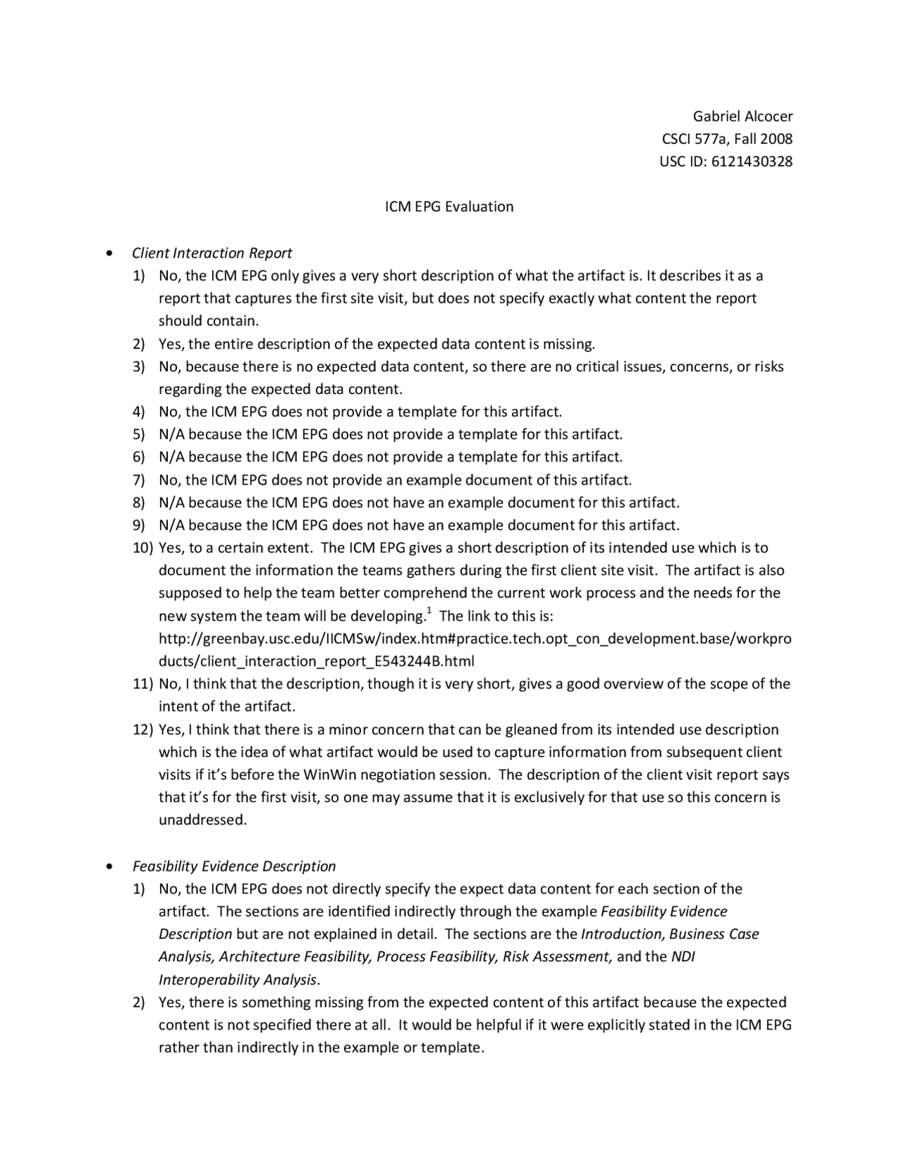 Icm Epg Evaluation For Assignment Software Engineering Csci 577a