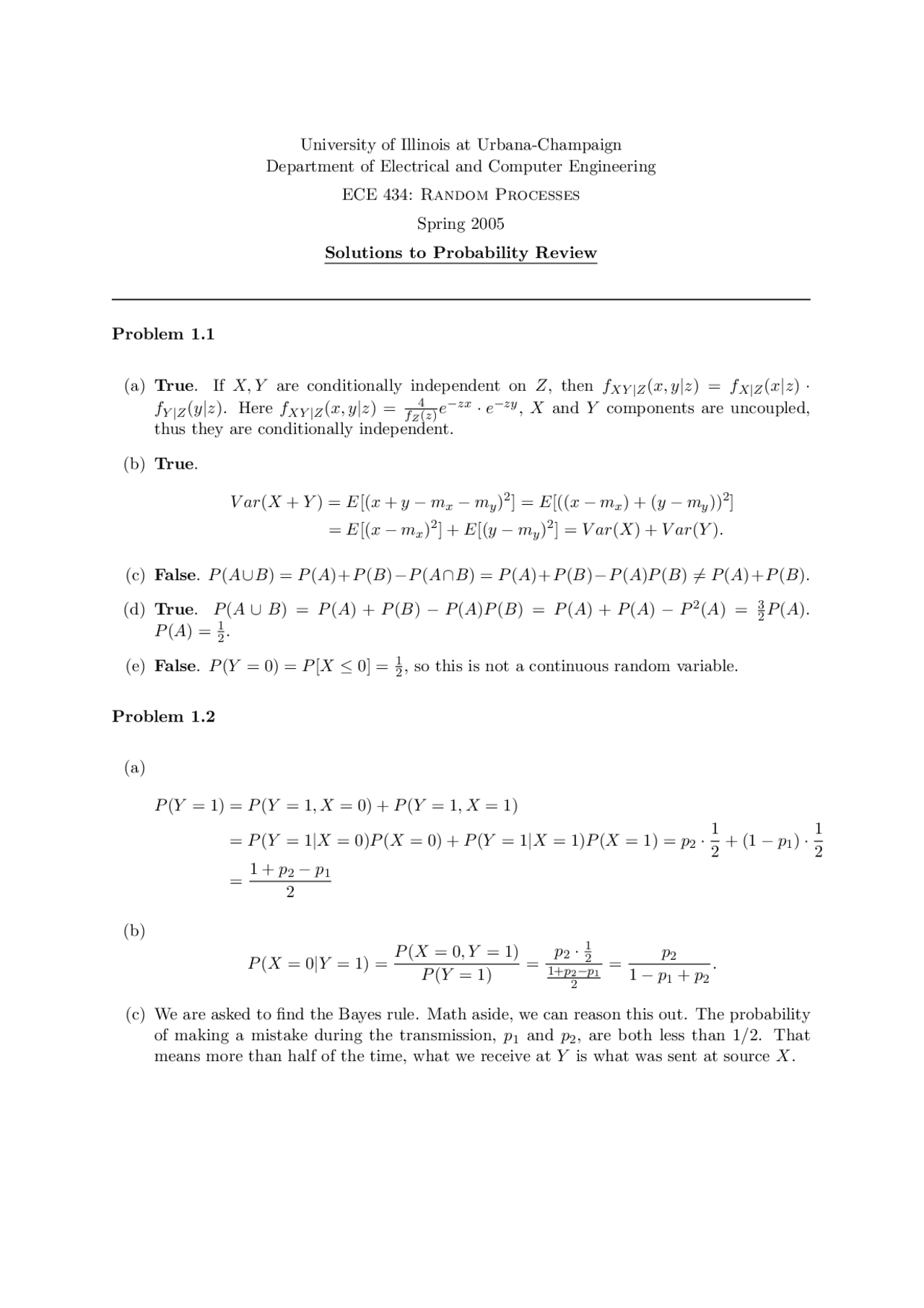 Solutions to Probability Review | Random Processes | ECE 534 - Docsity