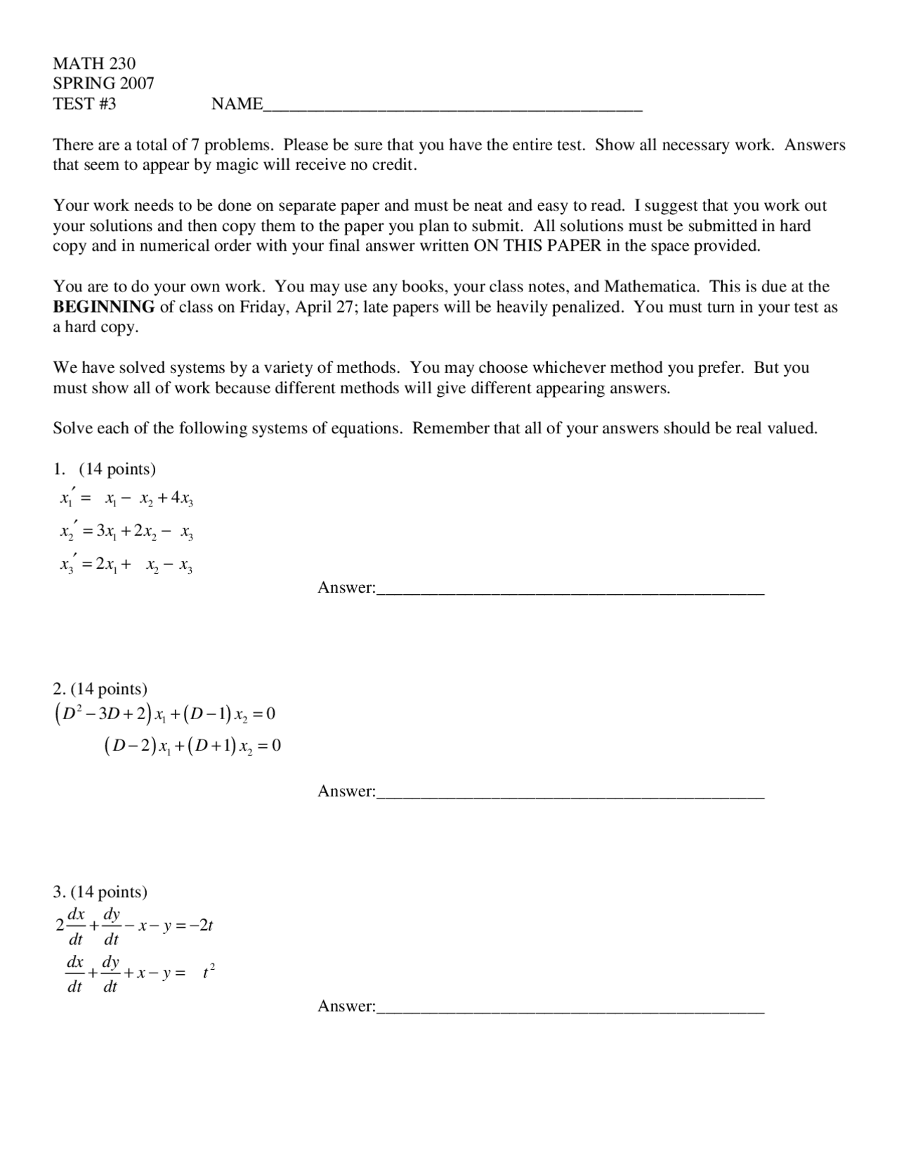 Exam 3 7 Questions Of Ordinary Differential Equation Fall 2007
