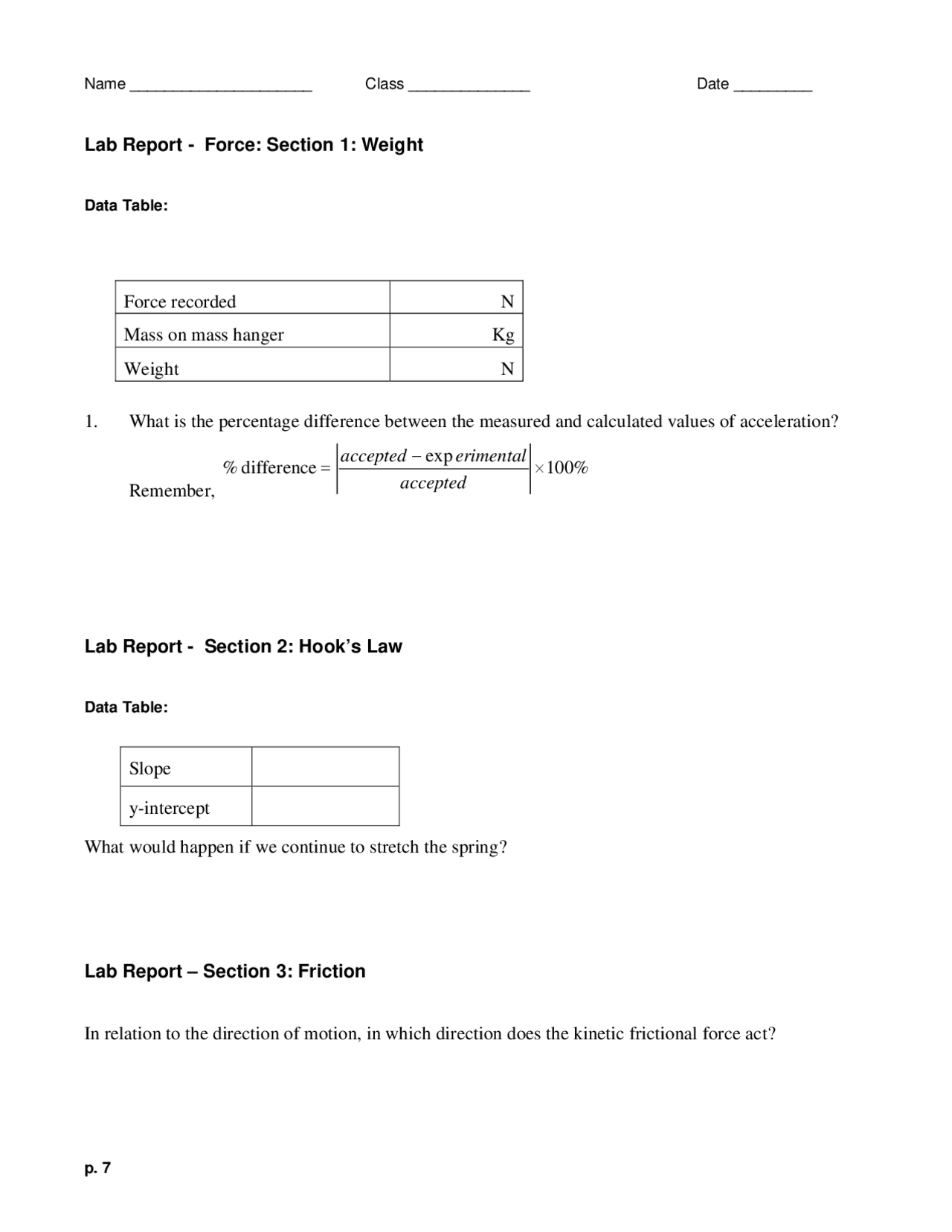 Force, Weight, Hooke's Law and Friction - Lab Report | PSCI 1421 - Docsity