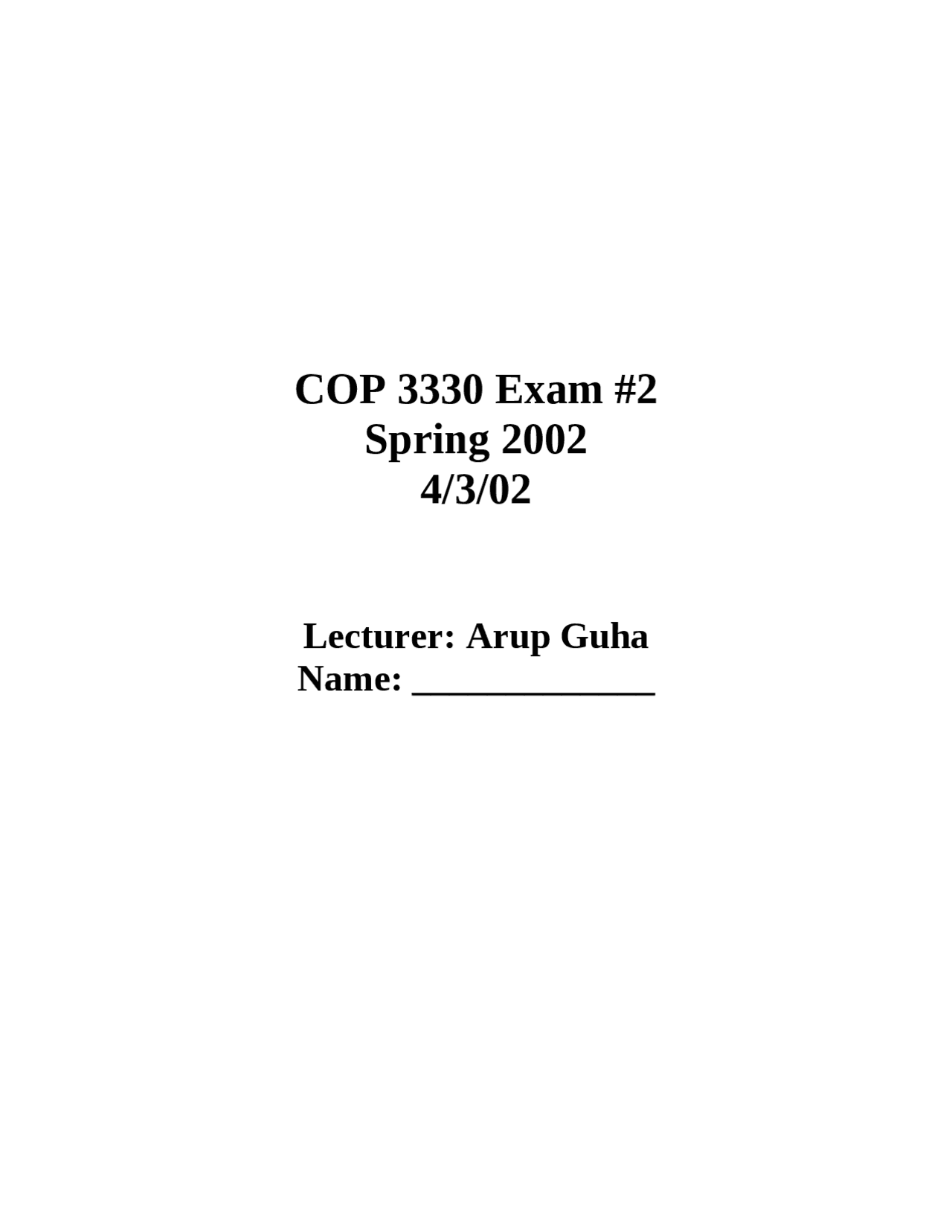 Exam - 12 Questions - Object Oriented Programming | COP 3330 - Docsity