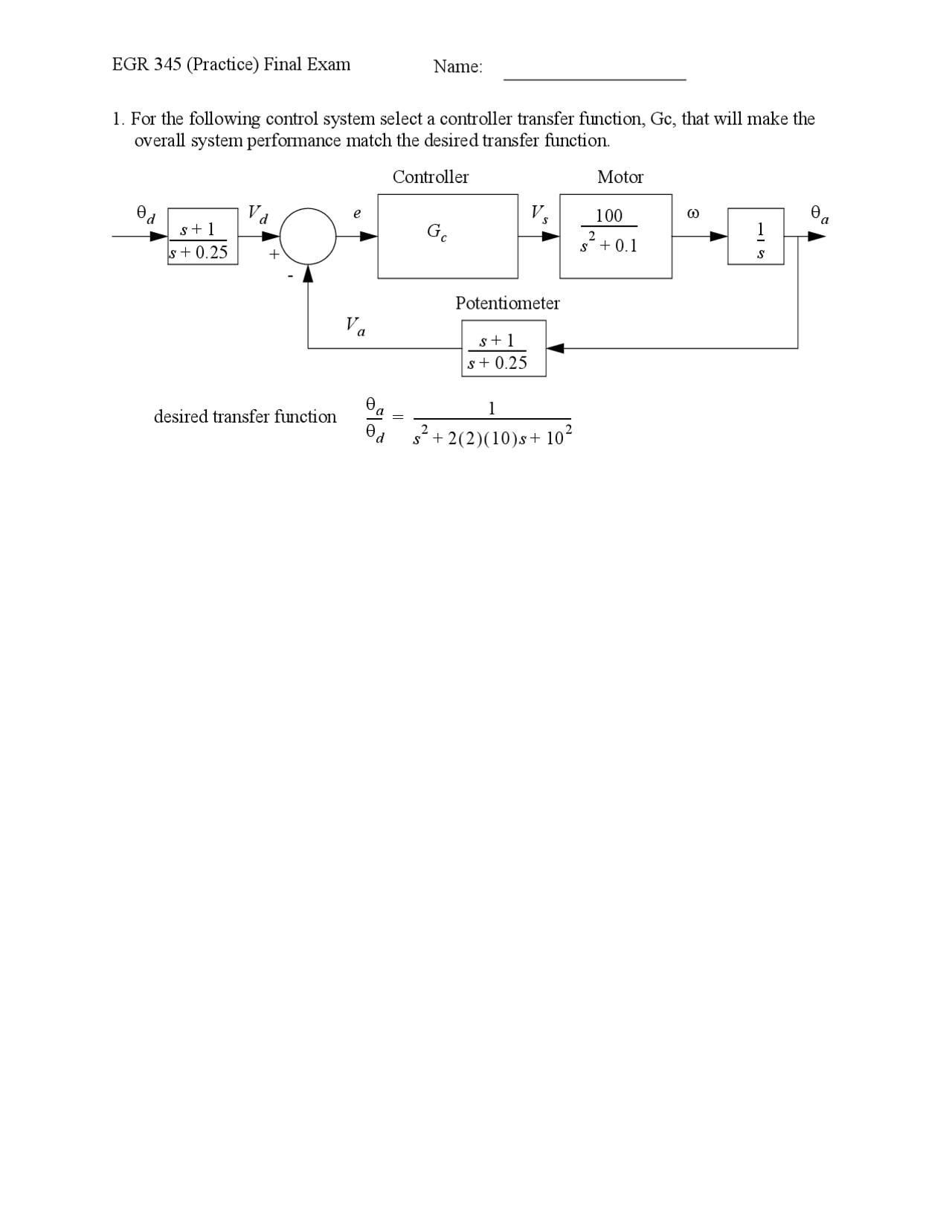 Solutions For Final Exam Dynamic System Modeling And Control Egr