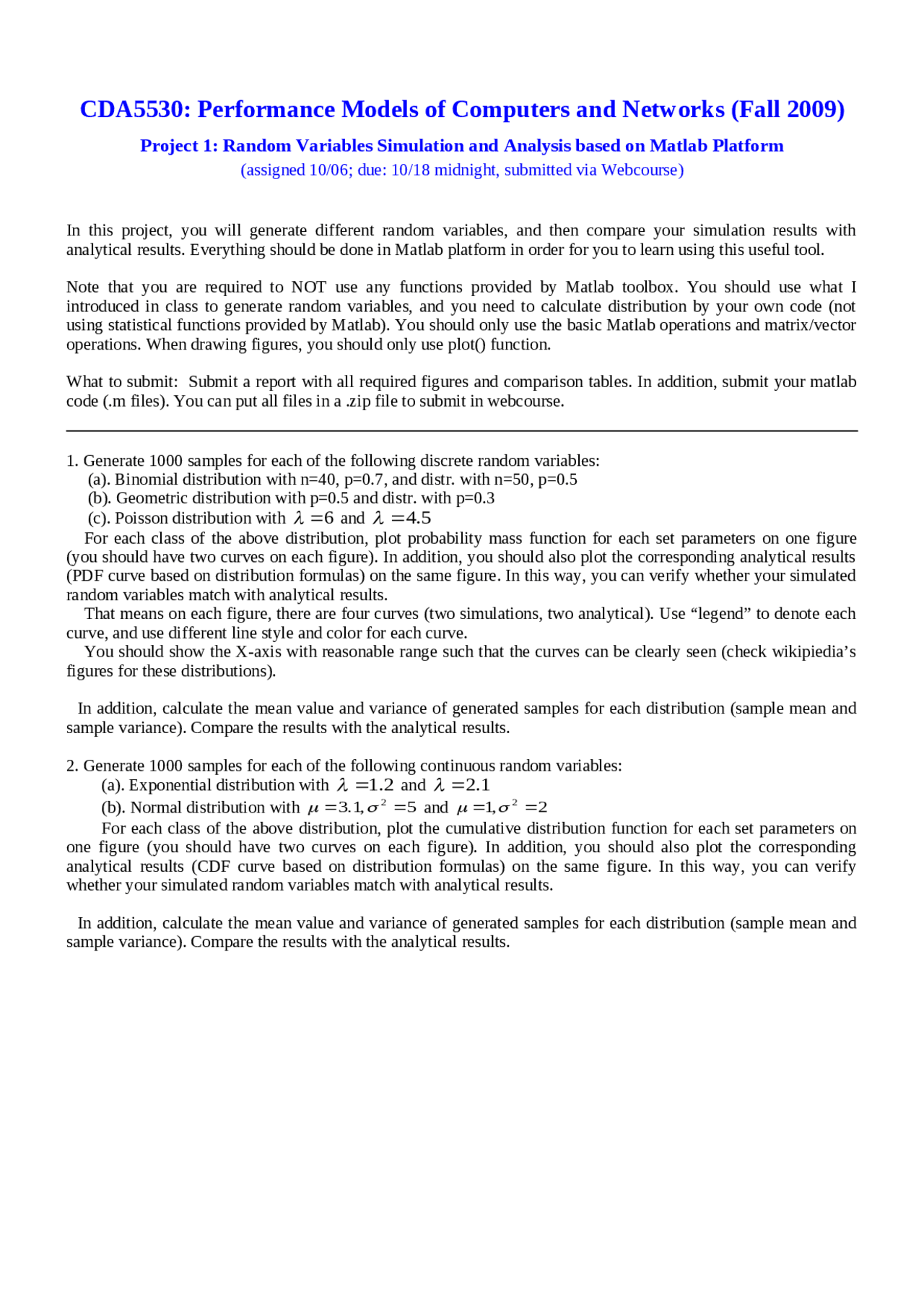 Random Variables and Simulation Based on Matlab Placeform - Project | CDA 5530 - Docsity