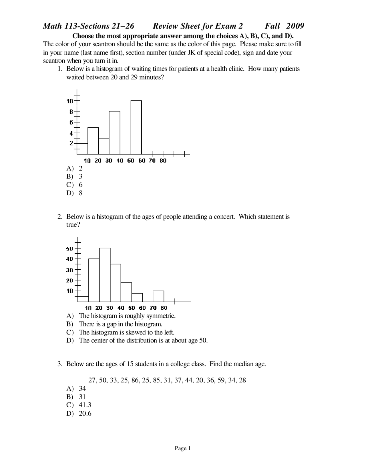 Math 113 Exam 2 Review Sheet - Fall 2009 | Exams Mathematics | Docsity