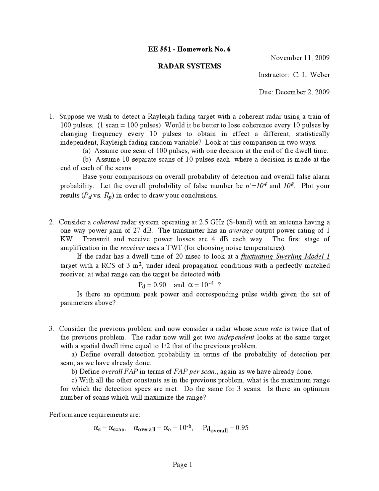 Homework 6 For Principles Of Radar Systems Ee 551 Docsity