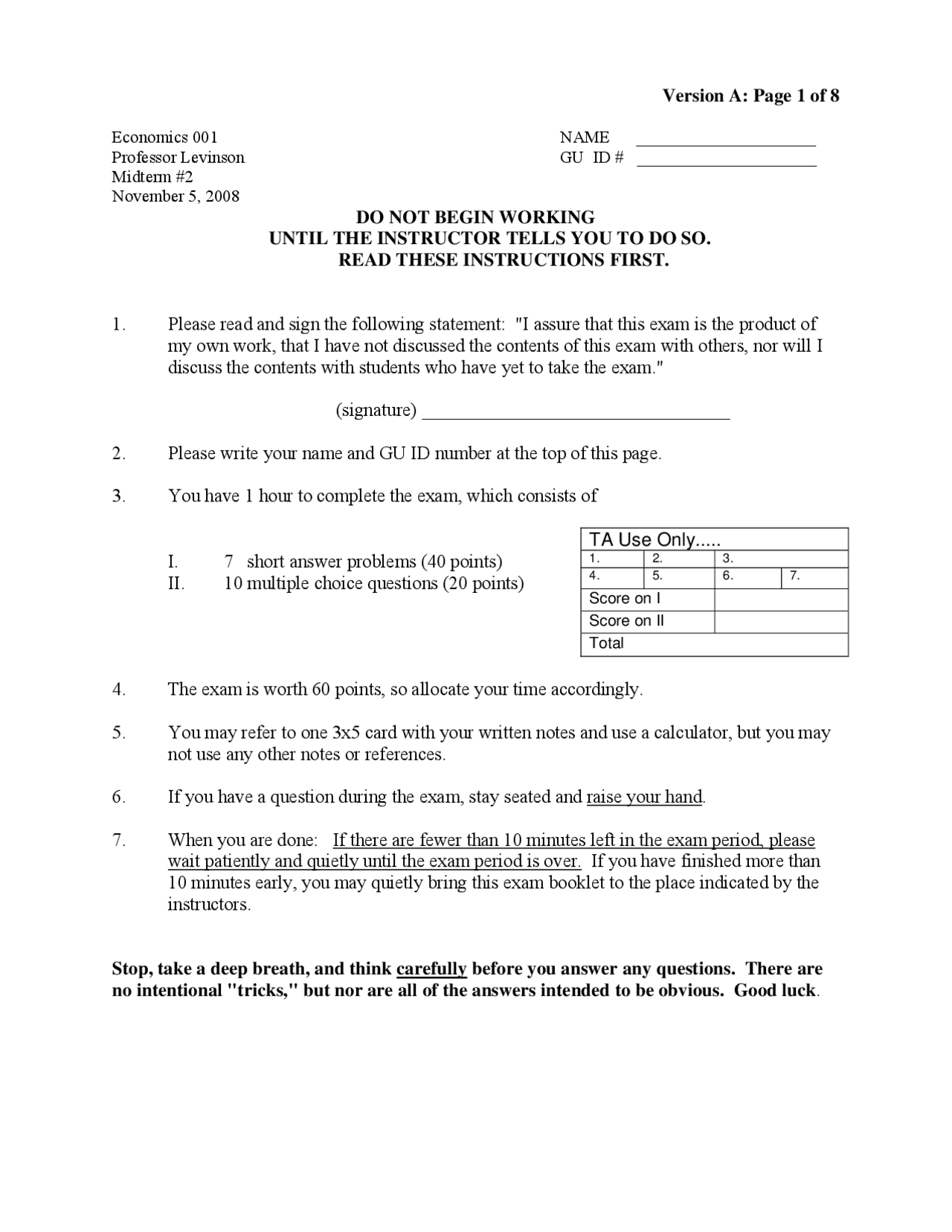 Second Midterm On Principles Microeconomics 2008 Econ 001 Docsity