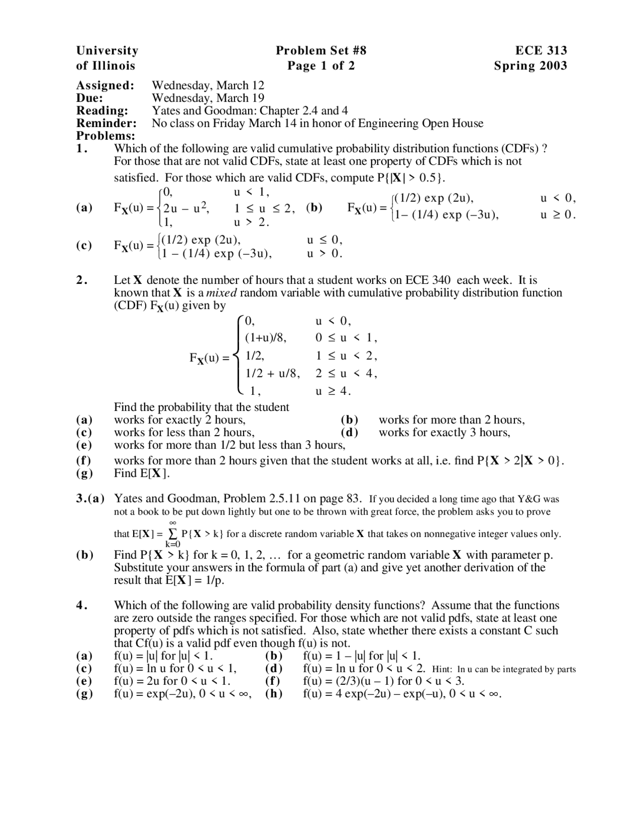 Problem Set 8 on Probability with Engineering Applications - Spring ...