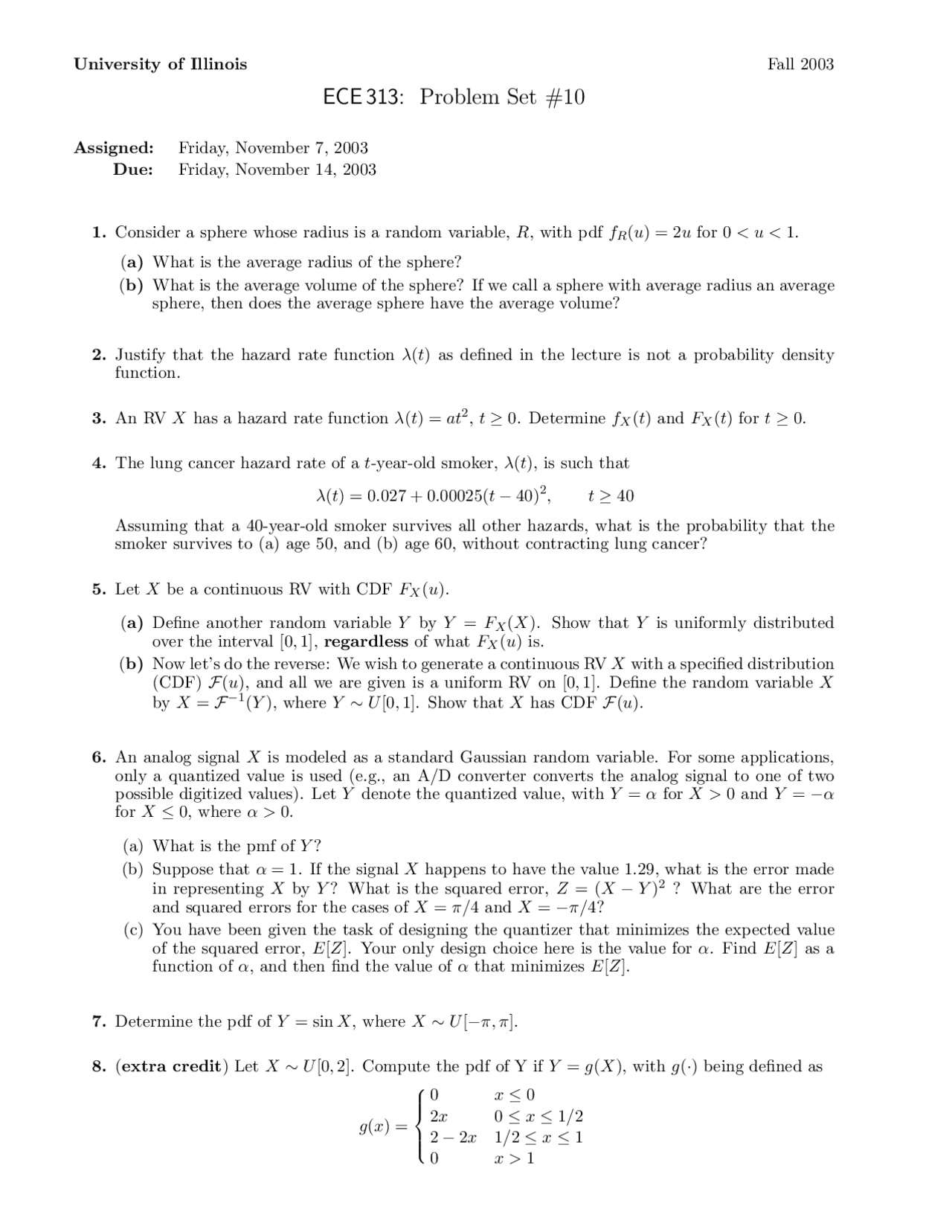8 Problems on Probability with Engineering Applications - Problem Set 10 | ECE 313 - Docsity