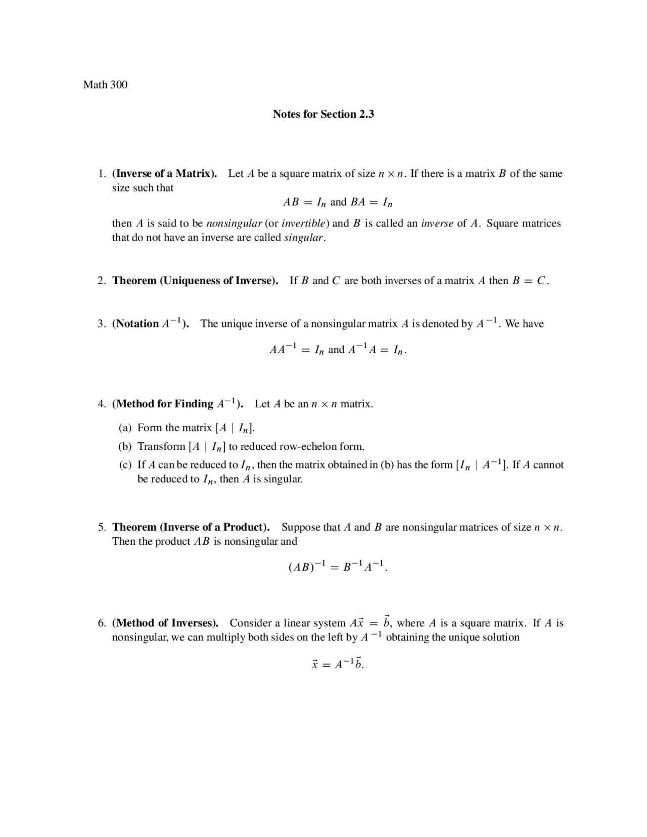 Inverse Of A Matrix Lecture Notes Math 300 Docsity