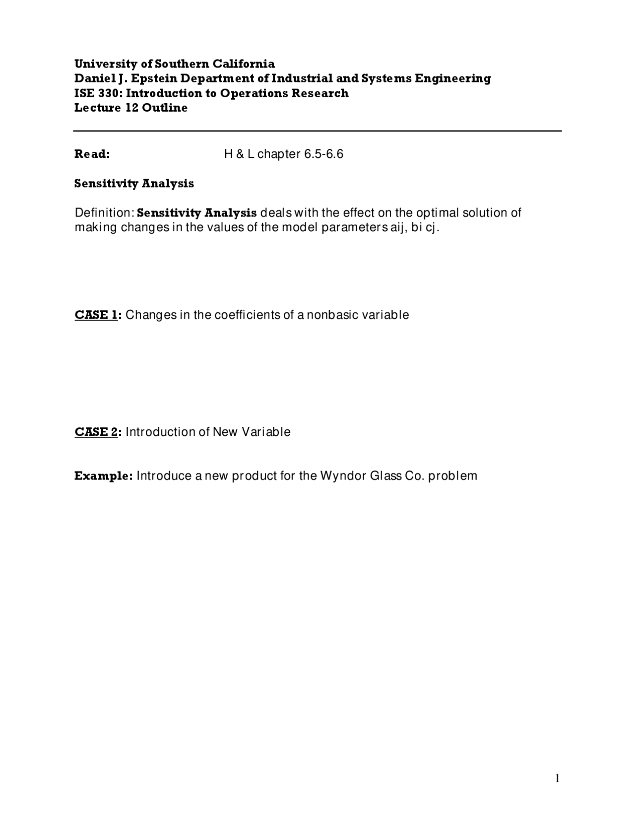 Notes On Sensitivity Analysis Introduction To Operations Research