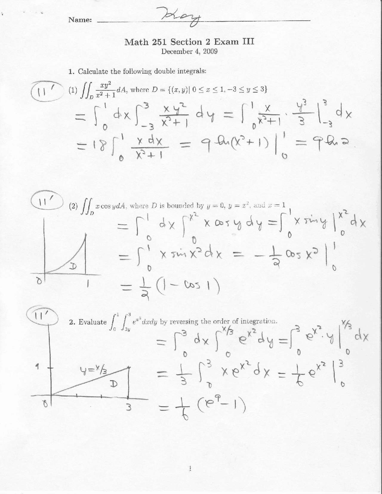 Math 251 Section 2 Exam III: Double and Triple Integrals | Exams Advanced Calculus | Docsity