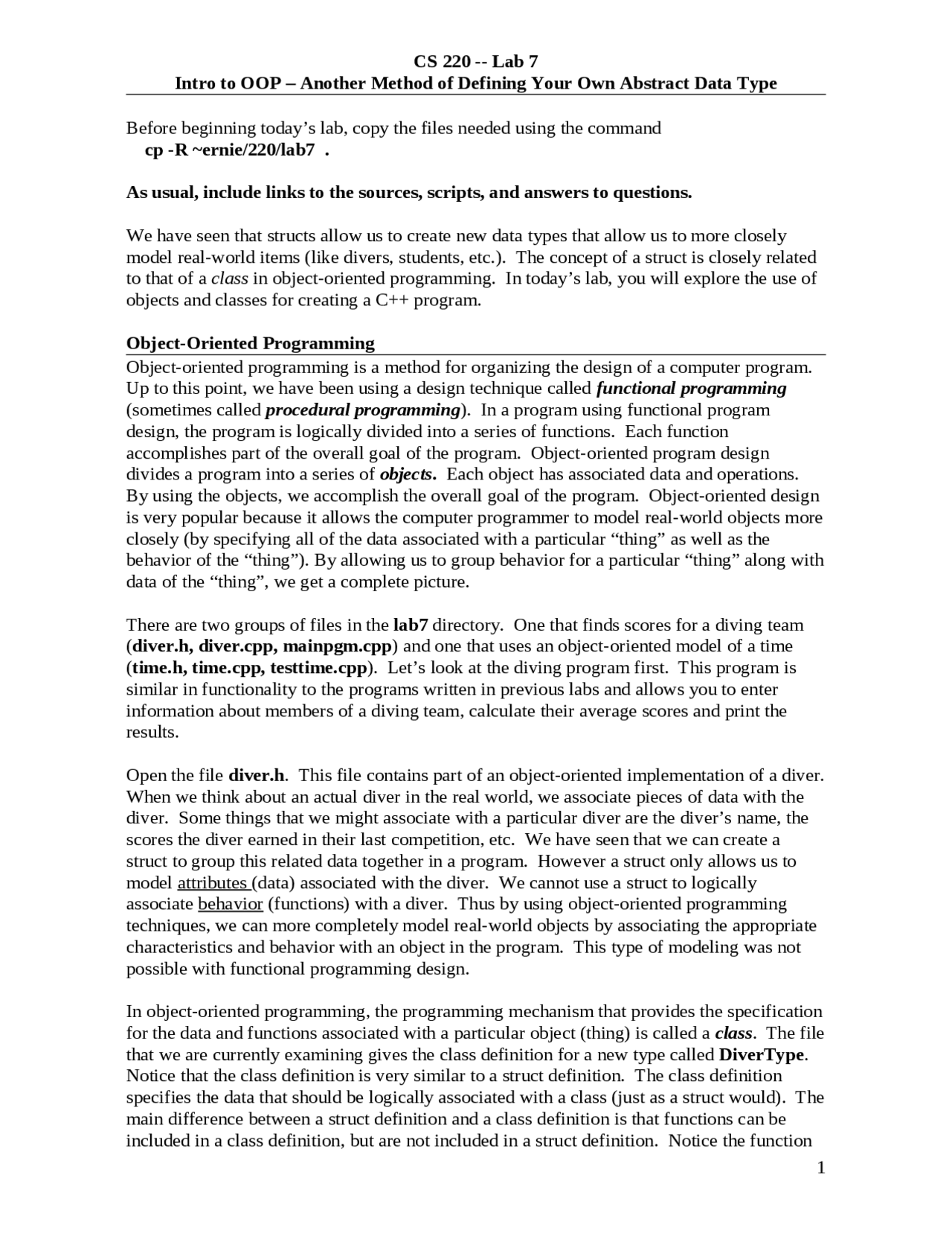 Introduction To Object Oriented Programming Lab 7 Cpsc 220 Docsity
