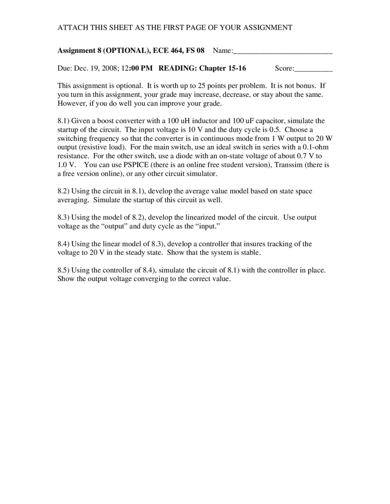 Assignment 8 Unsolved Questions Power Electronics Ece 464 Docsity