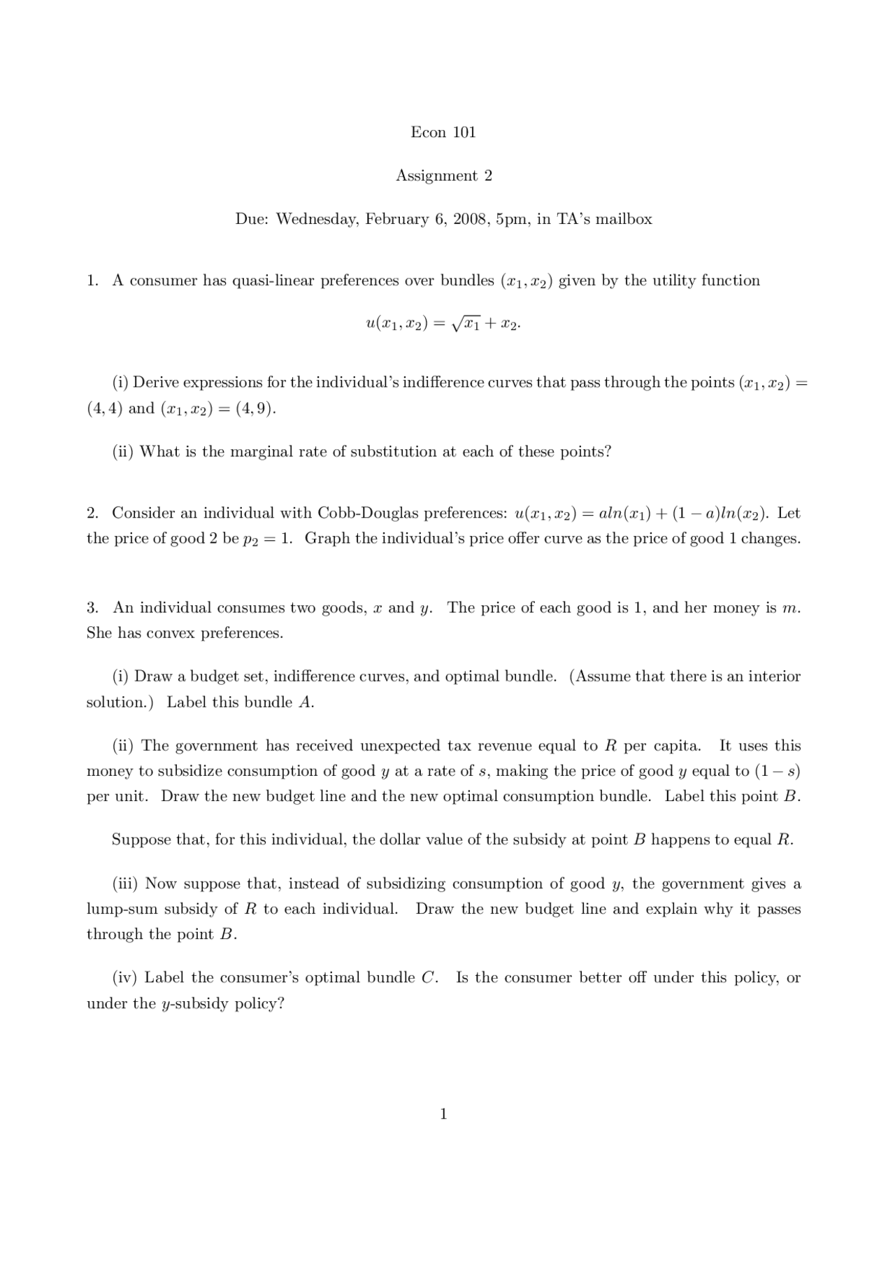 Questions For Assignment 2 Microeconomic Theory Econ 101 Docsity