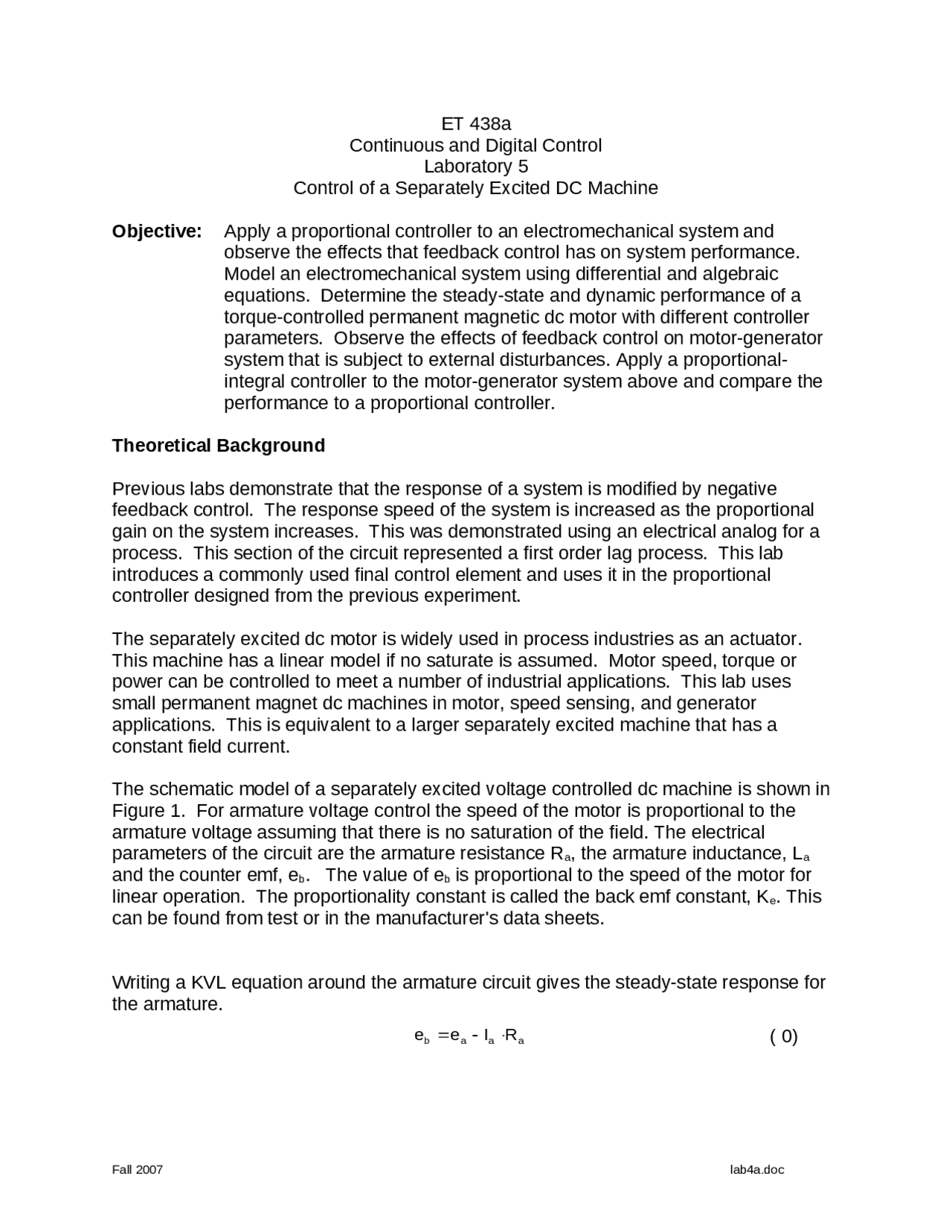 Control Of A Separately Excited Dc Machine Lab 5 Et 438a Docsity