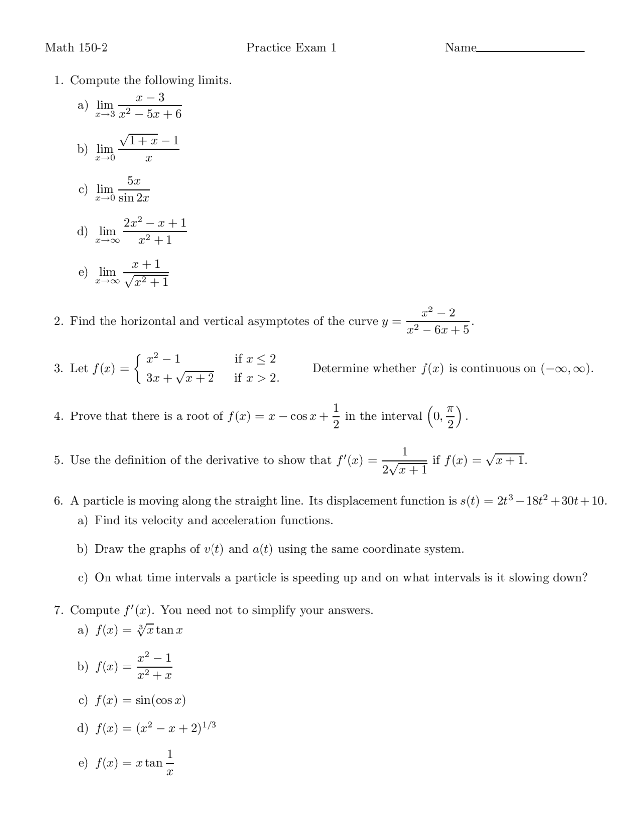 Practice Exam 1 for Calculus I | MATH 150 - Docsity