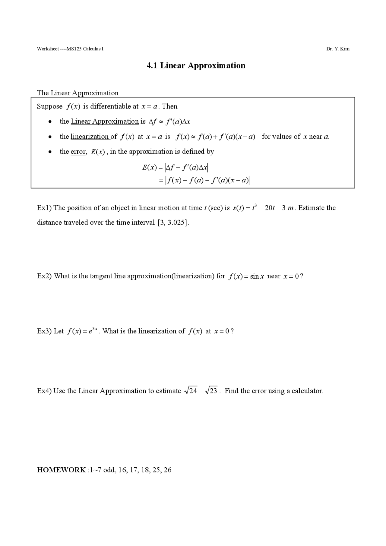 Linear Approximation Assignment 1 Questions Ms 125 Docsity