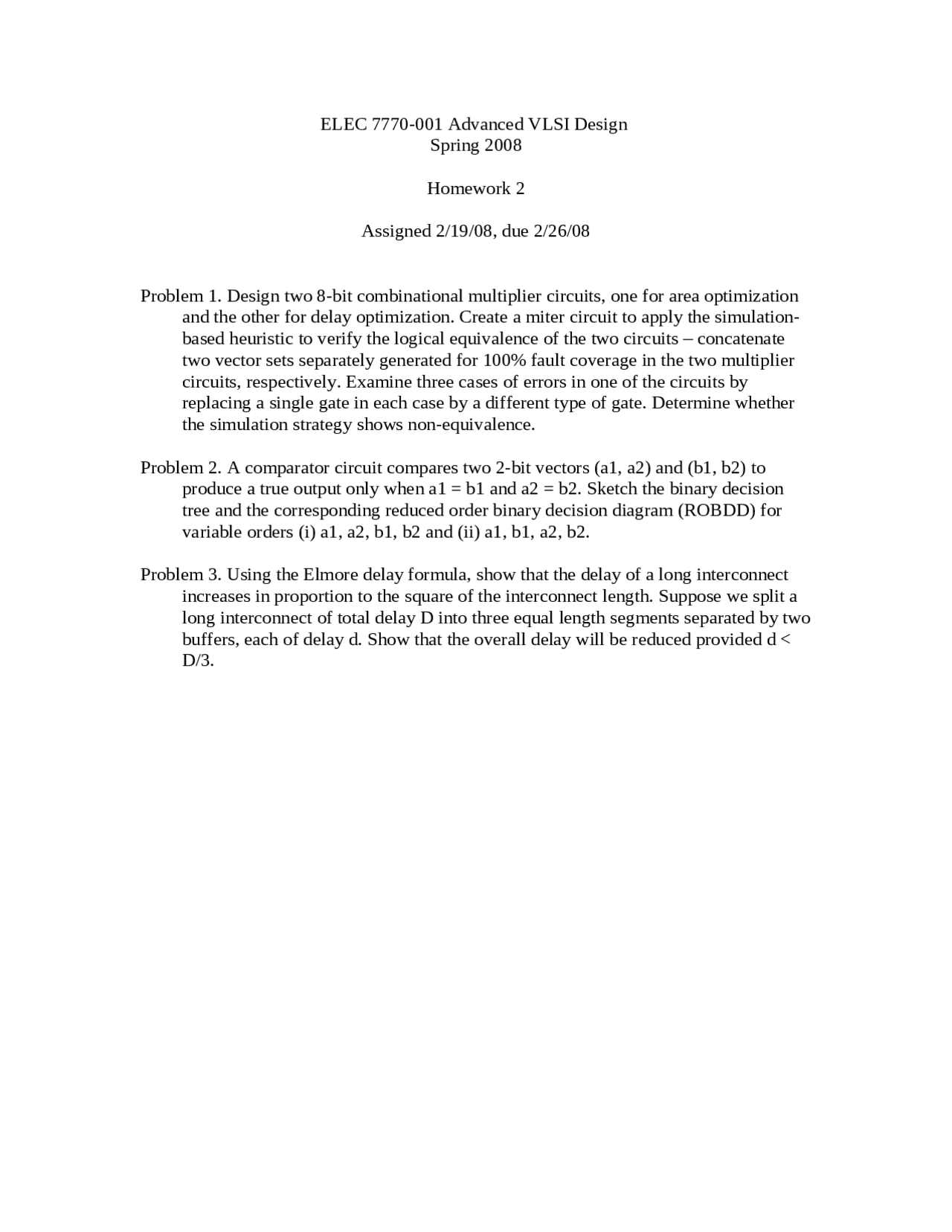 3 Problems Assignment 2 Advanced Vlsi Design Elec 7770