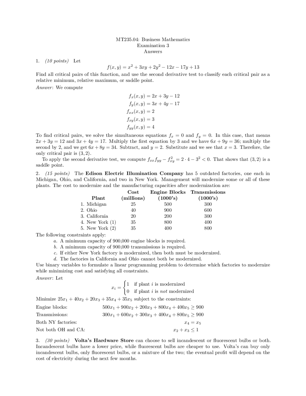 Examination 3 on Business Mathematics - | MT 235 - Docsity