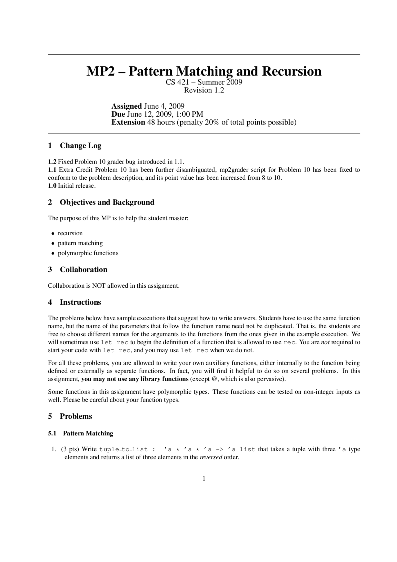 Mp2 Pattern Matching And Recursion Assignment 4 Cs 421 Docsity