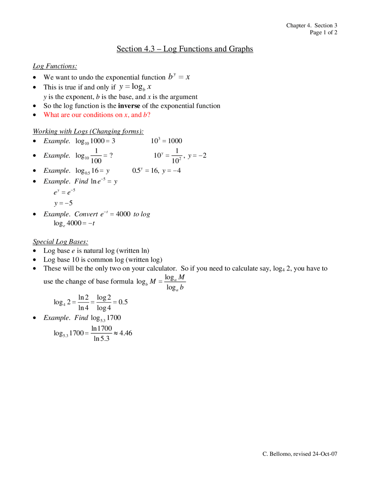 Lecture Notes on Log Functions and Graphs | MATH 124 | Study notes ...