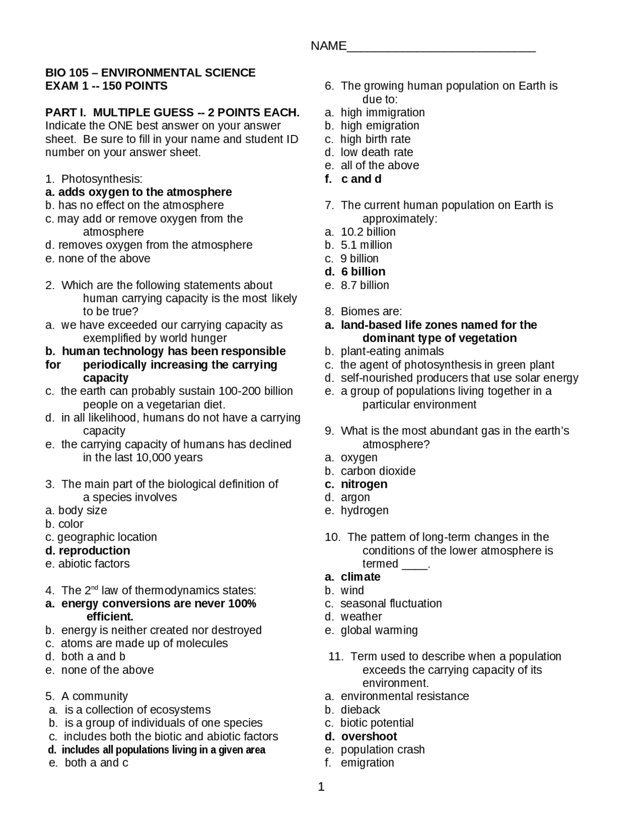 Exam 1 Questions With Answer Key Environmental Science BIO 105 exam-1-questions-with-answer-key-environmental-science-bio-105