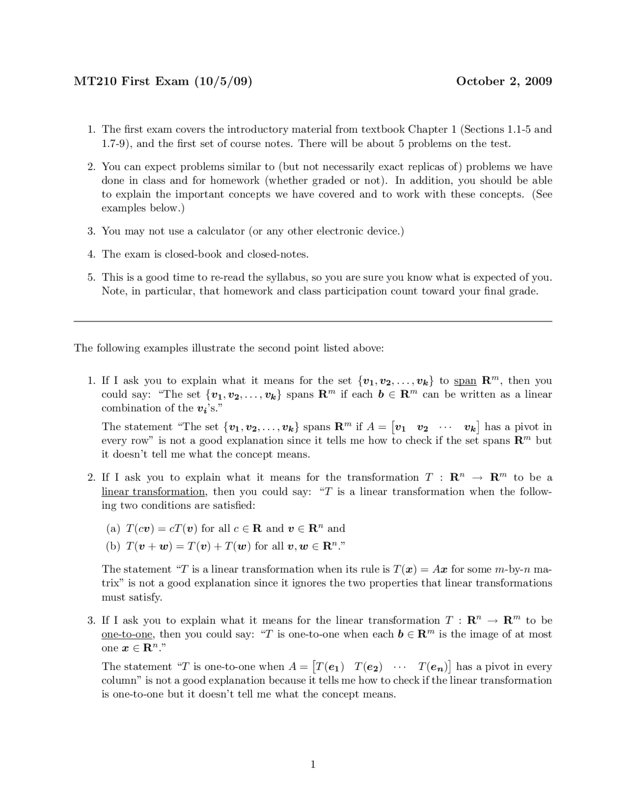First Exam Problems - Linear Algebra | MT 210 | Exams Linear Algebra | Docsity
