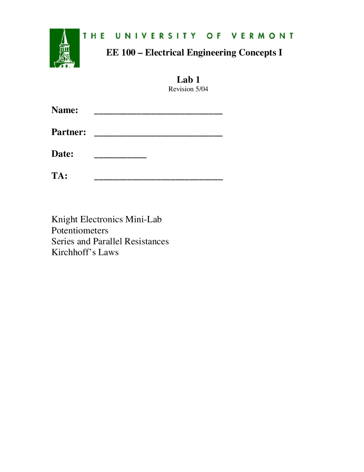 Knight Electronics Mini-Lab, Potentiometers, Kirchhoff's Laws - Lab 1 ...