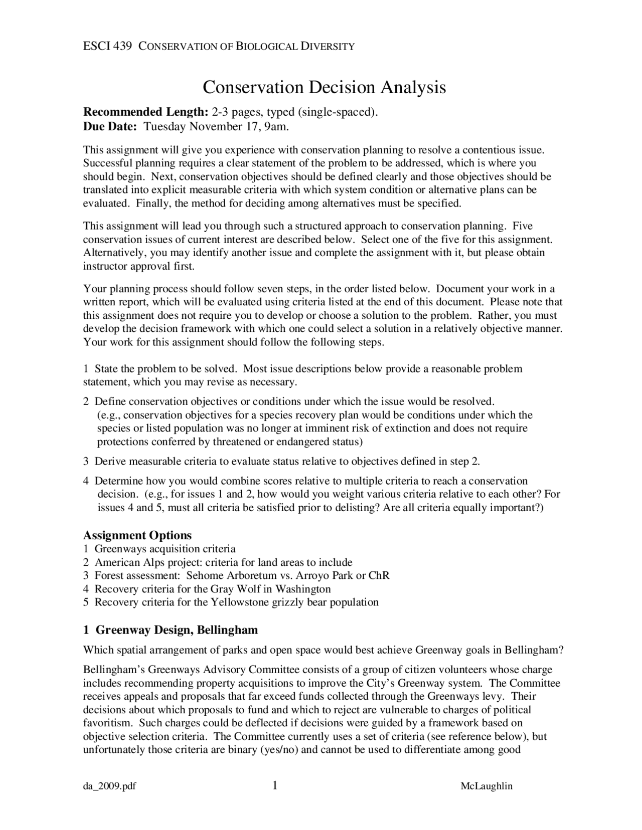 Conservation Decision Analysis Assignment Esci 439 Docsity