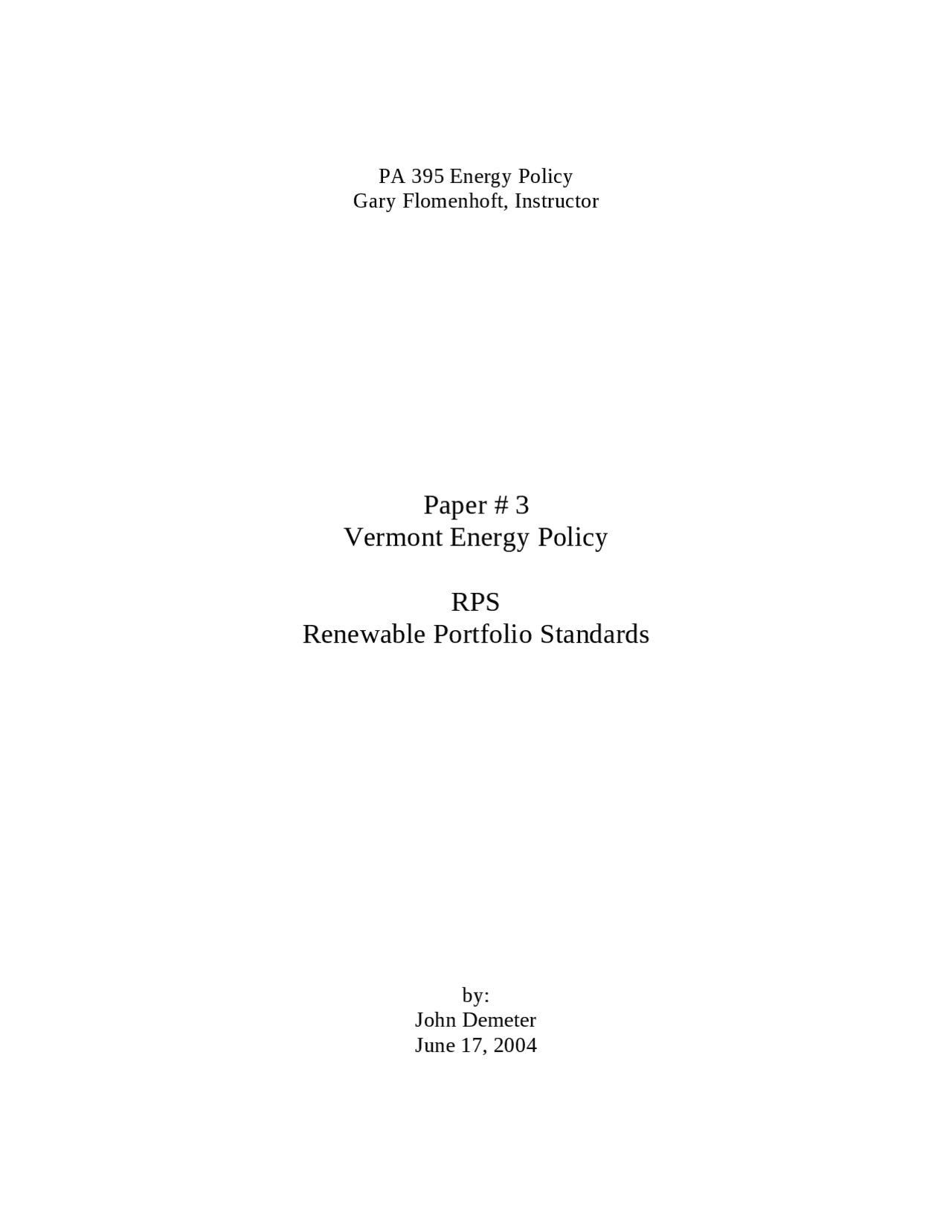 Renewable Portfolio Standard, Vermont Energy Policy - Paper #3 | PA 395 ...