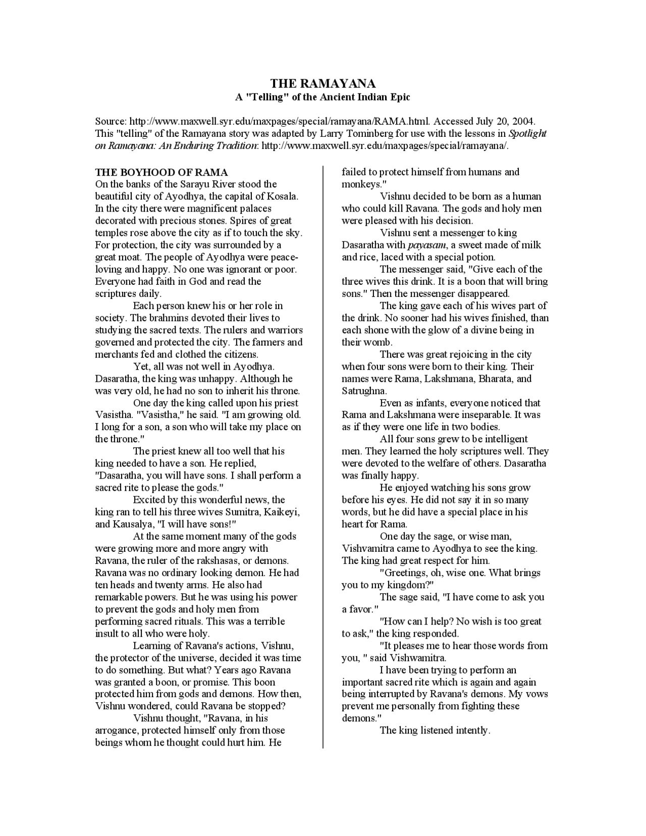 The Ramayana a "Telling" of the Ancient Indian Epic - Study Material ...