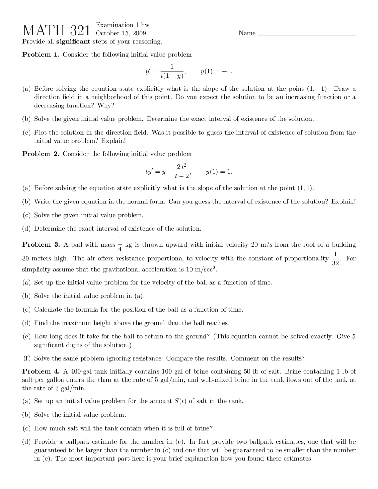 Exam 1 Mathematics For Technology Math 321 Docsity
