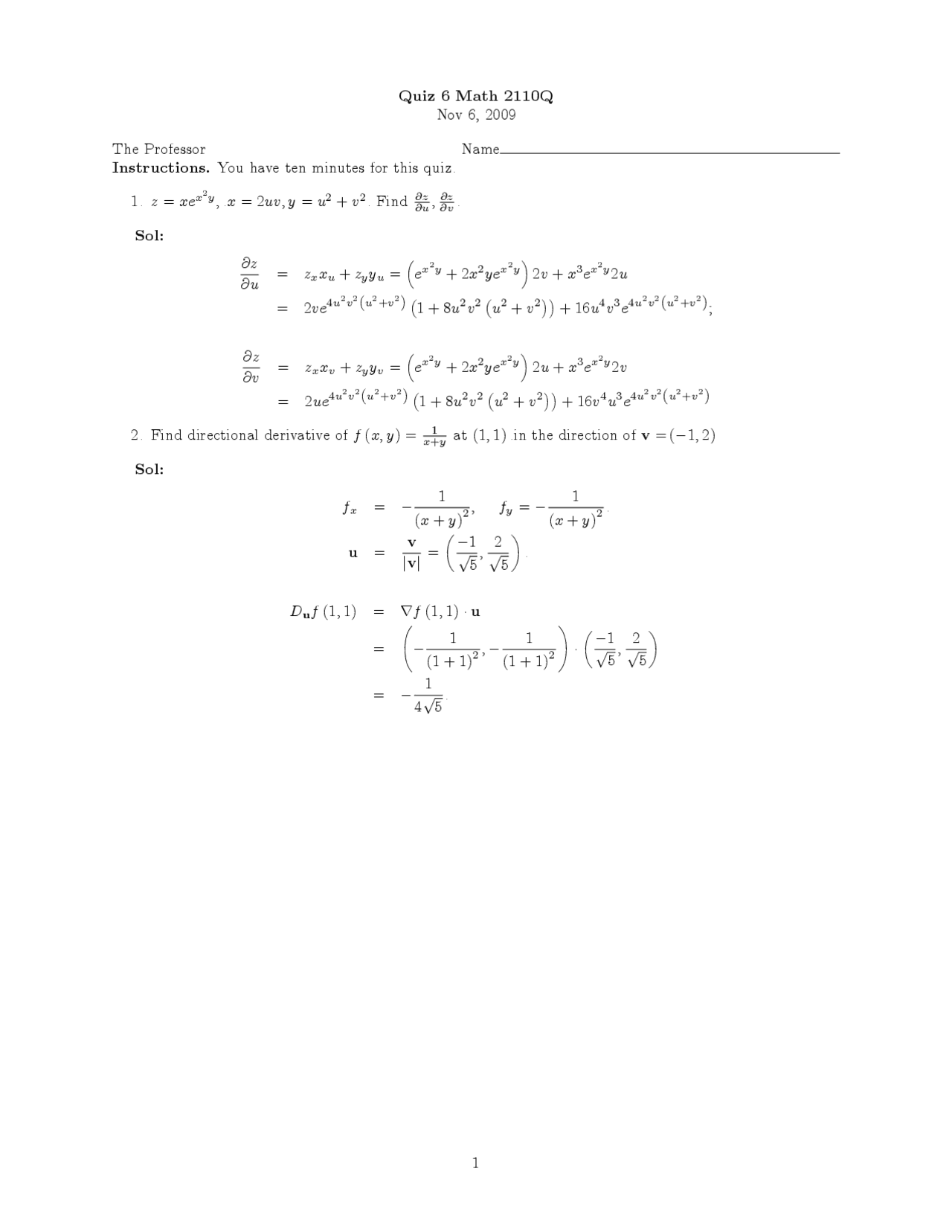 Practice Quiz With Solutions For Multivariable Calculus Math 2110